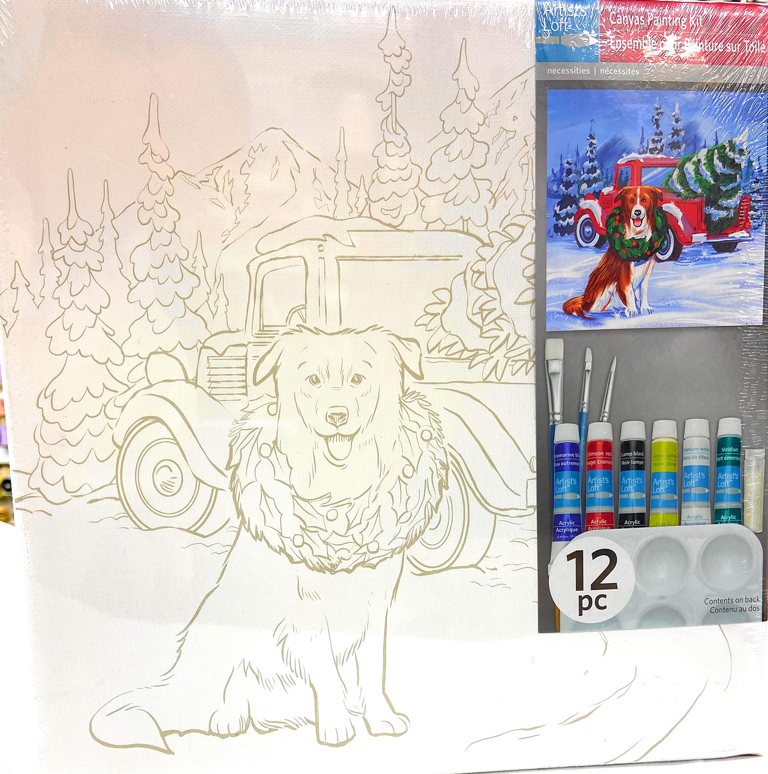 Artist's Loft Canvas Painting Kit -Pre Printed Stretch Canvas 11'' x11'', 6 Tube Paint,Brushes, Palette, Instructions - Xmas Tree Dog and Truck