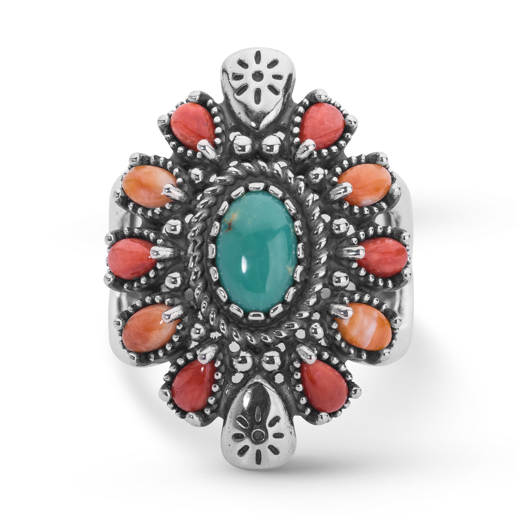 American West Sterling Silver Green Turquoise, Red and Orange Spiny Oyster Gemstone Cluster Ring Size 7