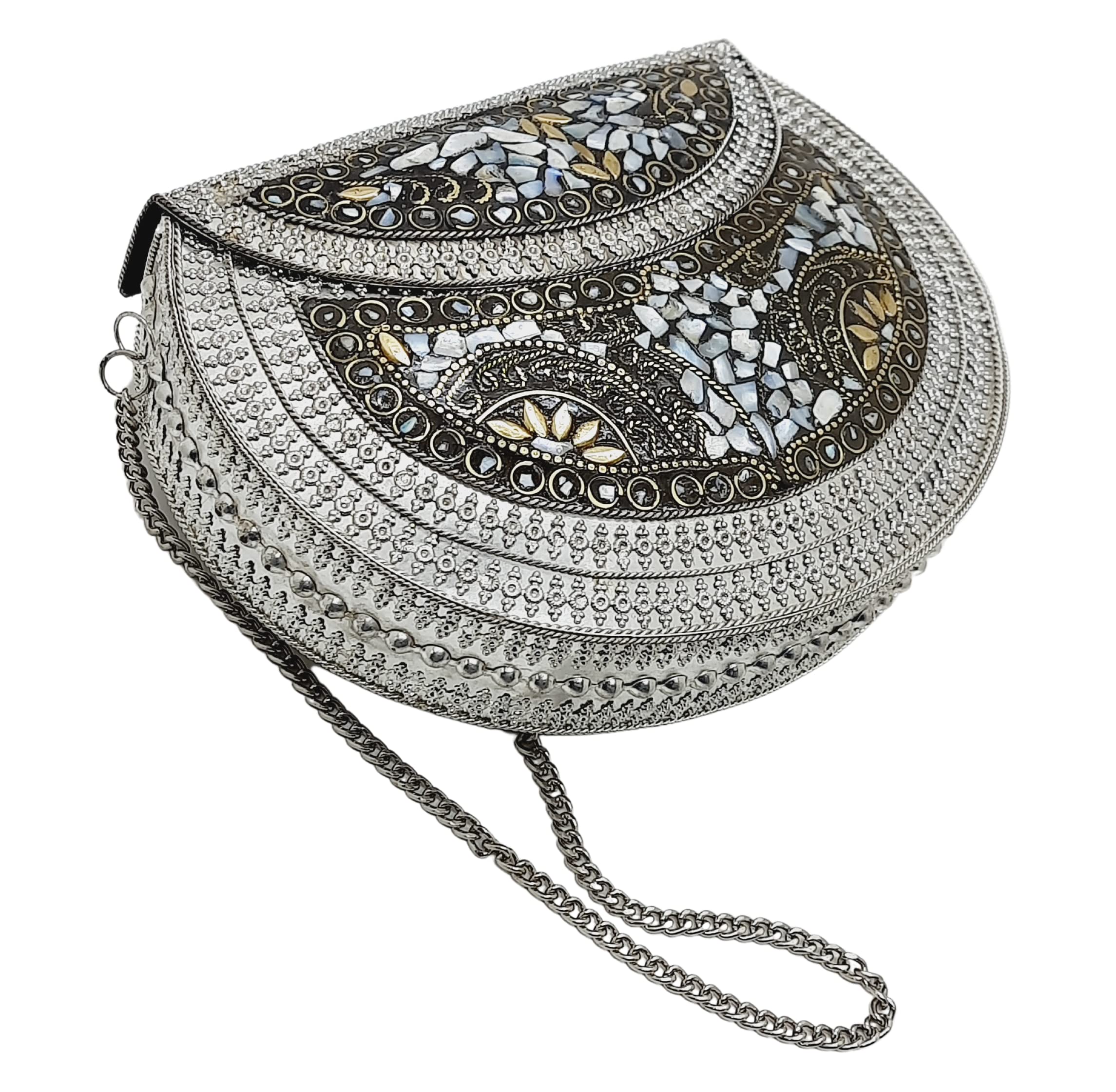 Ethnic Clutch Vintage Handmade metal Mosaic stone Shell purse Handbag for women Party Bag Special occasion accessories