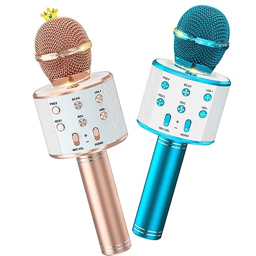 Ankuka Kids Karaoke Microphone 2 Pack, Wireless Bluetooth Karaoke Microphone for Singing Portable Handheld Mic Speaker Machine, Christmas Birthday Gifts for Girls Boys Ages 4-12(Rose Gold & Blue)
