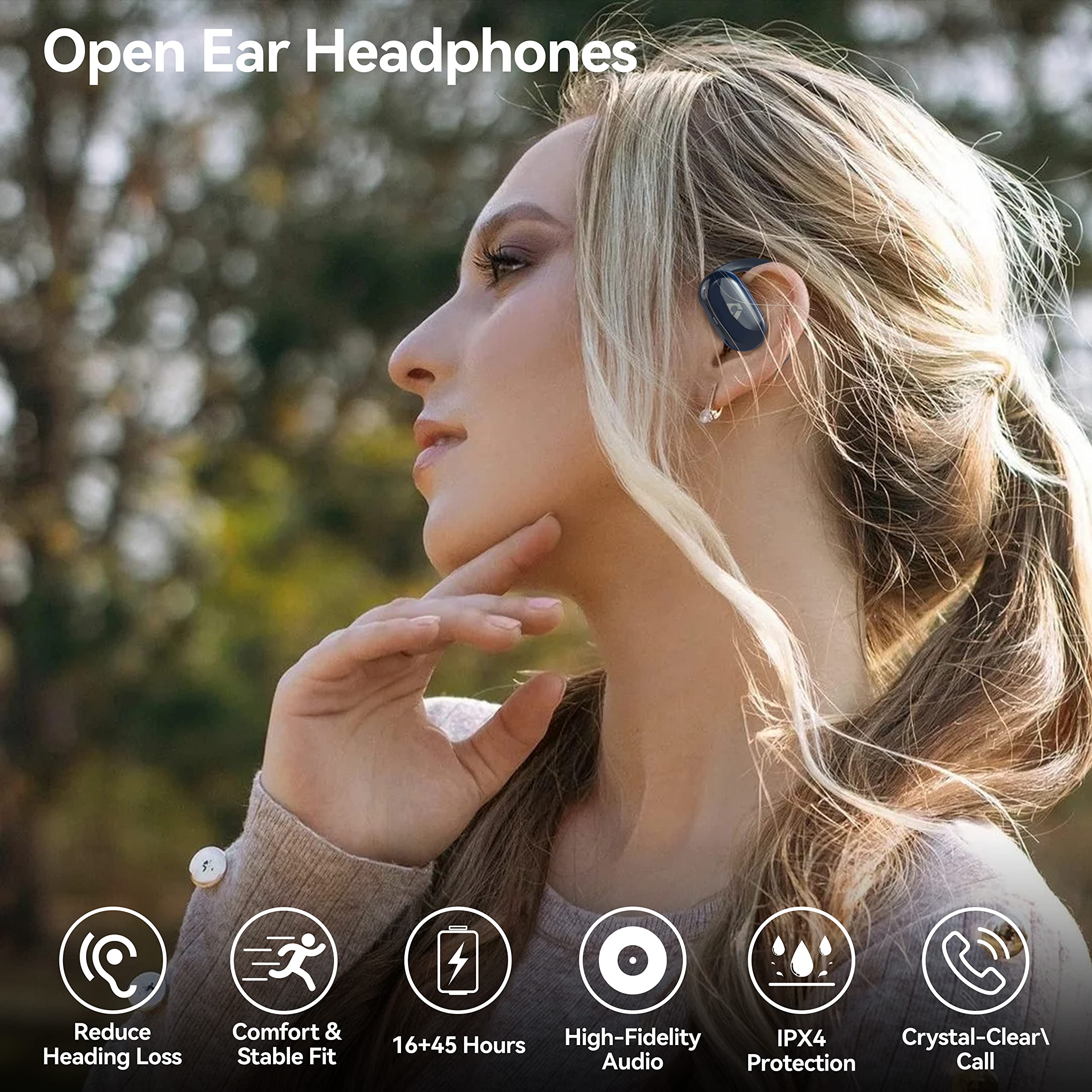 Ankbit Open Ear Headphones Wireless Bluetooth 5.3 Earbuds 60hrs Playtime Stereo Bass Earphones Dual 16.5mm Dynamic Drivers Rotatable Waterproof Headset with Microphone for Sports/Workout/Gym/Running