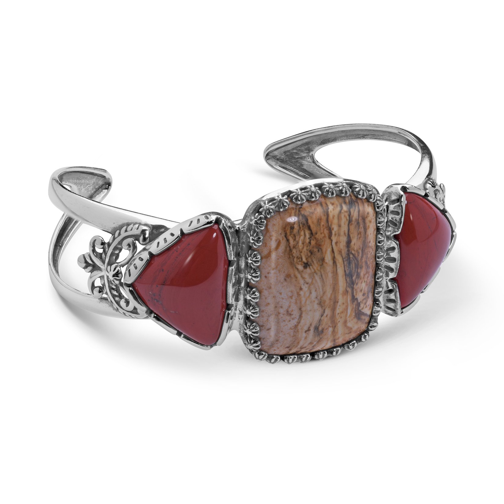 American West Sterling Silver Red Coral and Picture Jasper Gemstone Cuff Bracelet Size Medium