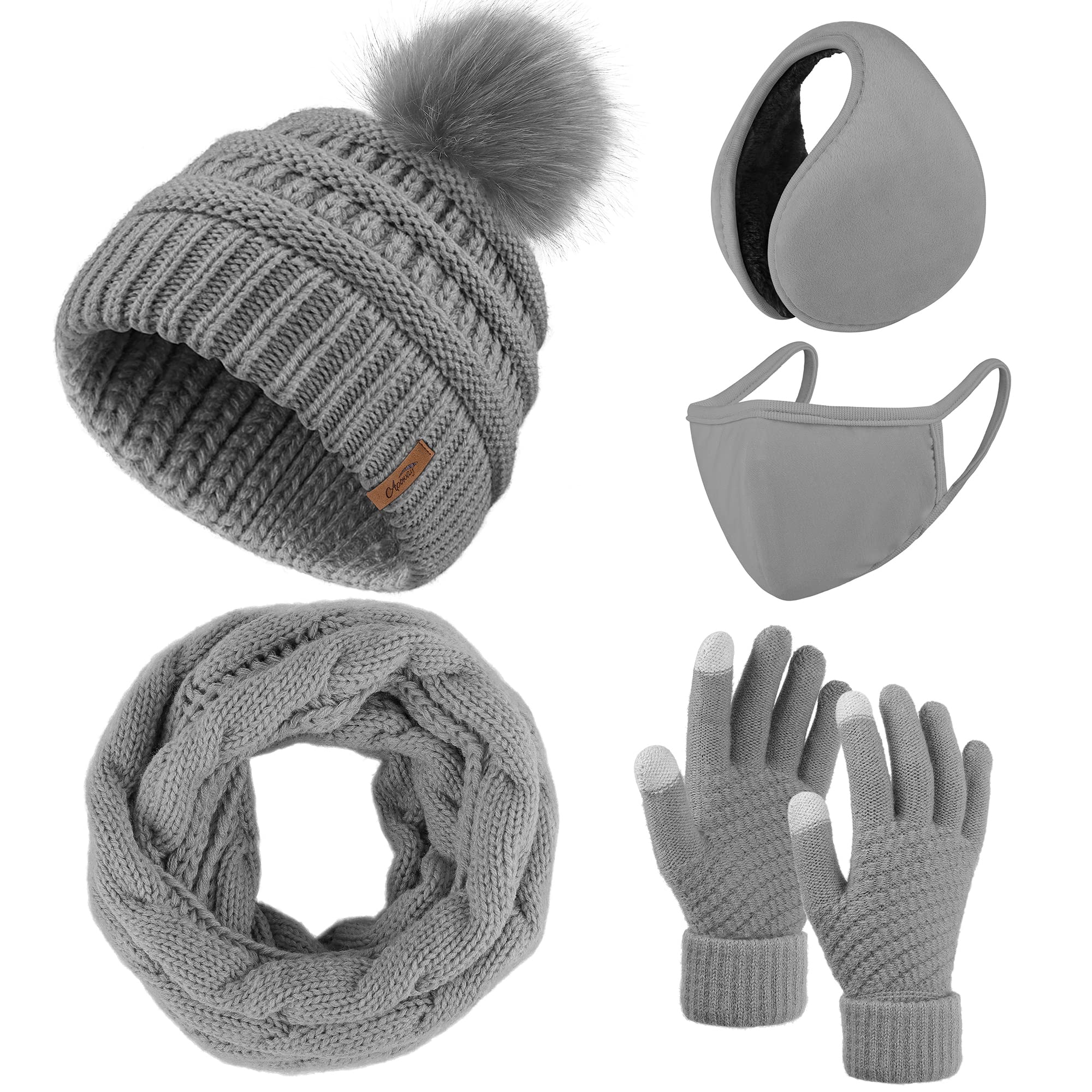 Apoway 5 in 1 Winter Set Include Knitted Pom Pom Beanie Hat Scarf Gloves Facemask and Earmuffs for Women Men