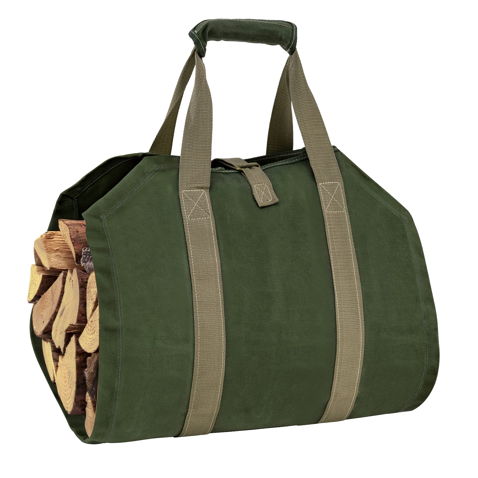 eletecpro Firewood Carrier 39x18 Inch Durable Waxed Canvas Log Carrier Heavy Duty, Fire Place Sturdy Wood Carring Bag with Handles Security Strap for Camping Indoor (Green)