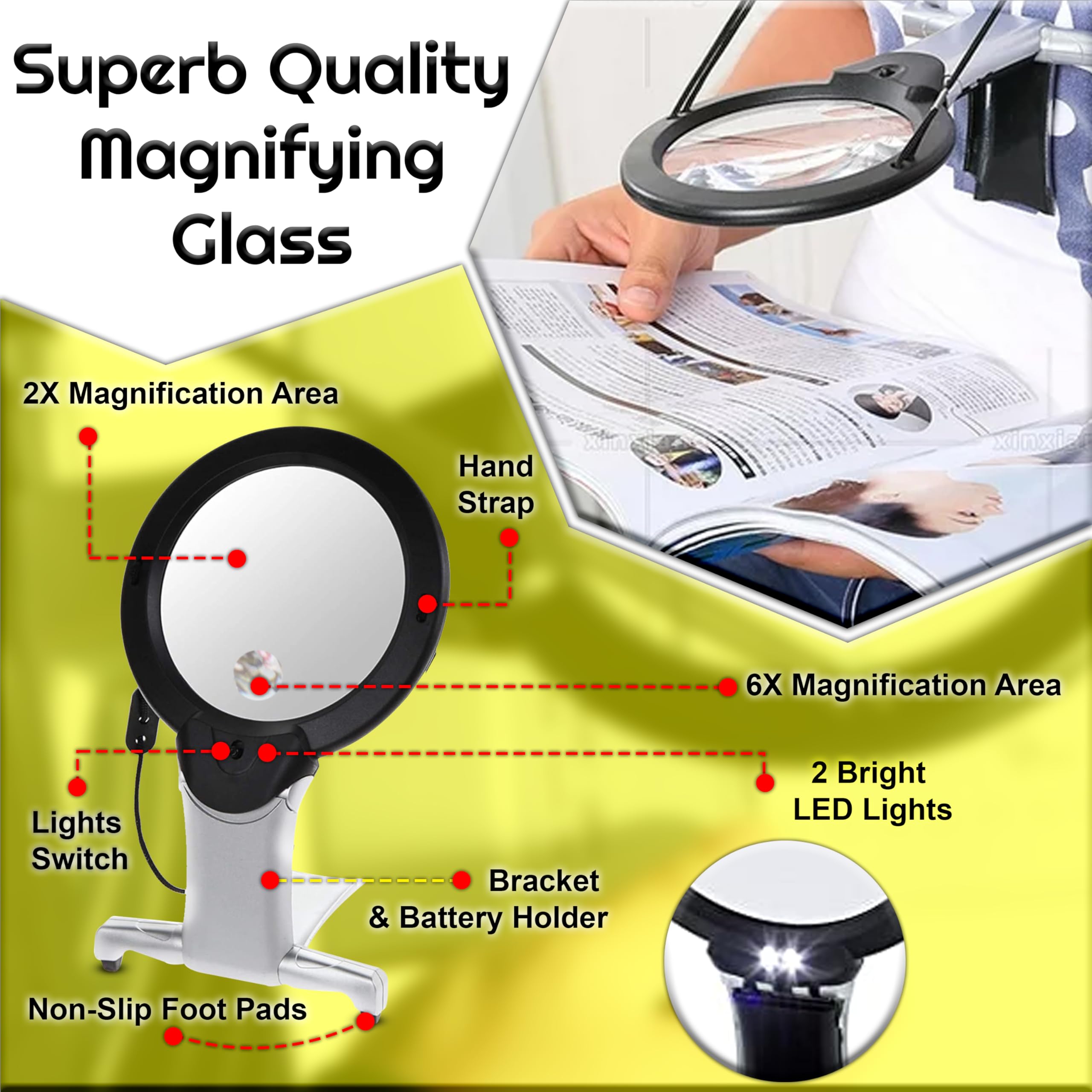 ARSUK Magnifying Glasses with Light, Hands-Free Neck Magnifier for Reading Sewing Cross Stitching Needlework Crafts Hobby Jewelry Repair, 2X 6X Magnification Hanging Cord & Desk Stand