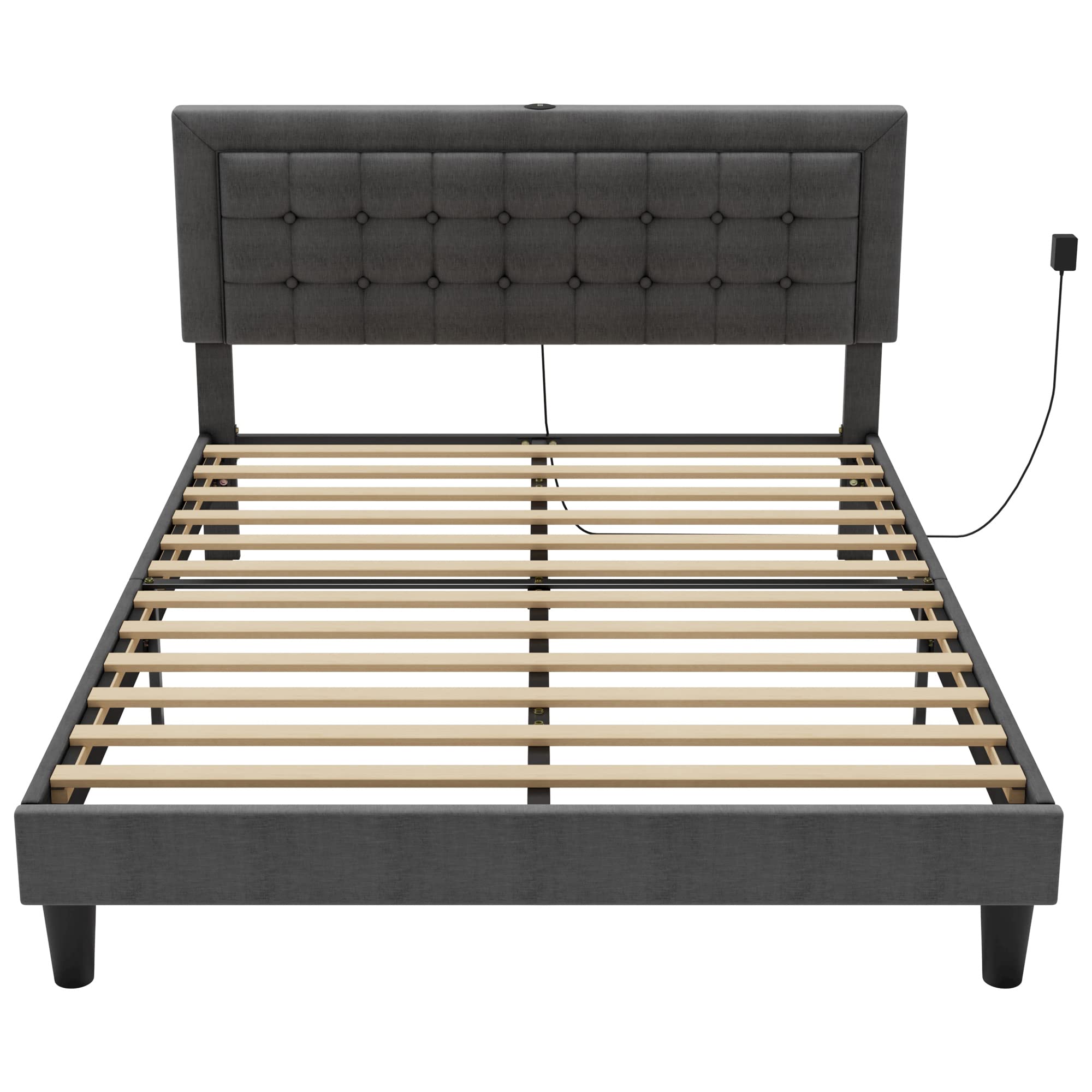 ANCTOR Queen Bed Frame with USB Ports, Platform Bed with Height Adjustable Upholstered Headboard, Heavy Duty Steel Support Legs, Easy Assembly, Grey