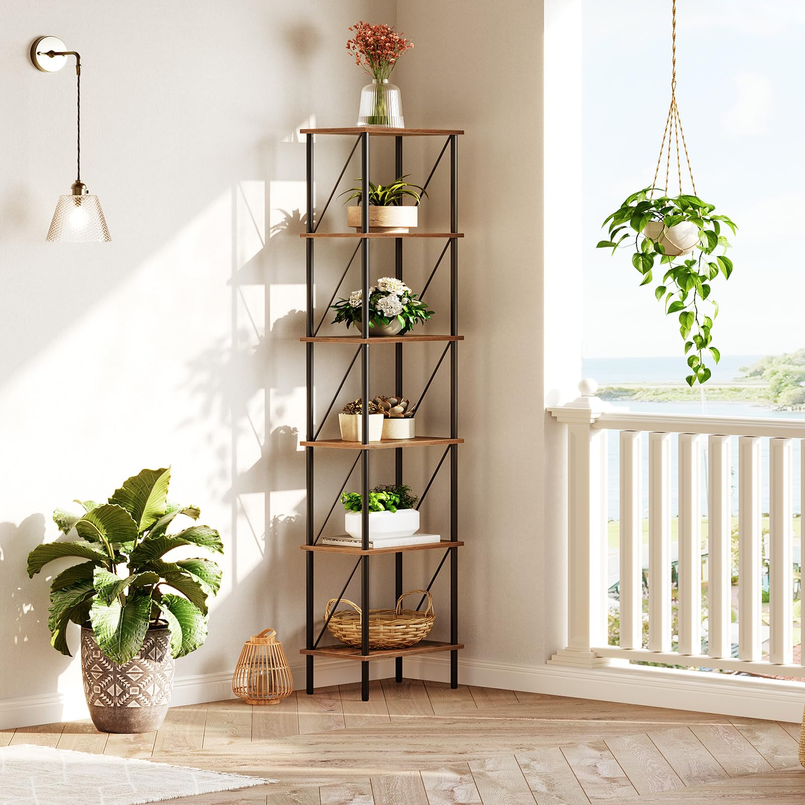 CHOEZON Narrow Book Shelf 6-Tier 67.2" Tall Bookcase with Protective Diagonal Braces, for Living Room, Bedroom, Study, Balcony, Rustic Brown and Black TCJ06BF