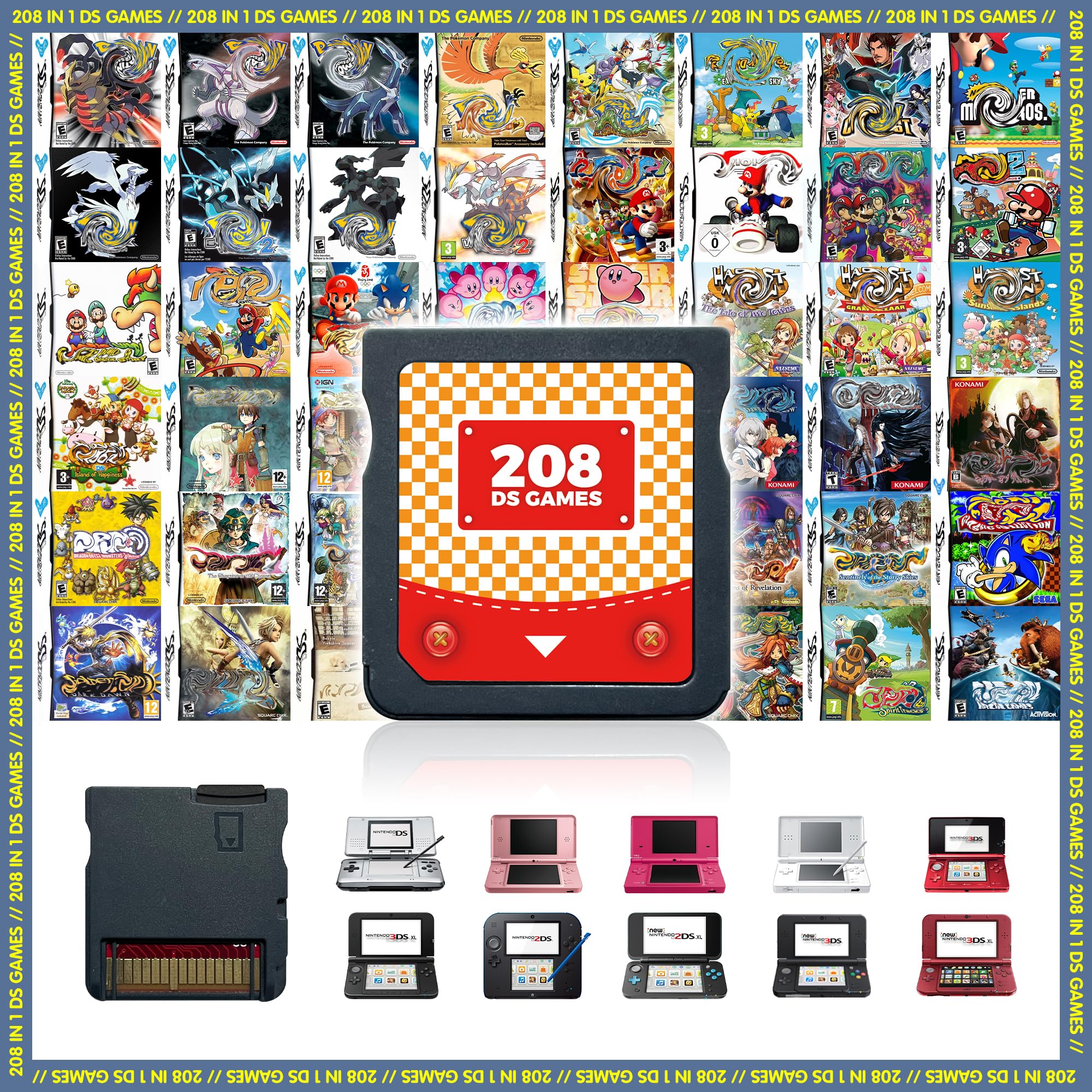 Amomey DS/2DS/3DS 208 in 1 Game Cartridge, Retro Game Pack Card Compilation with 208 Games for 3DS, DS, DSL, DSi
