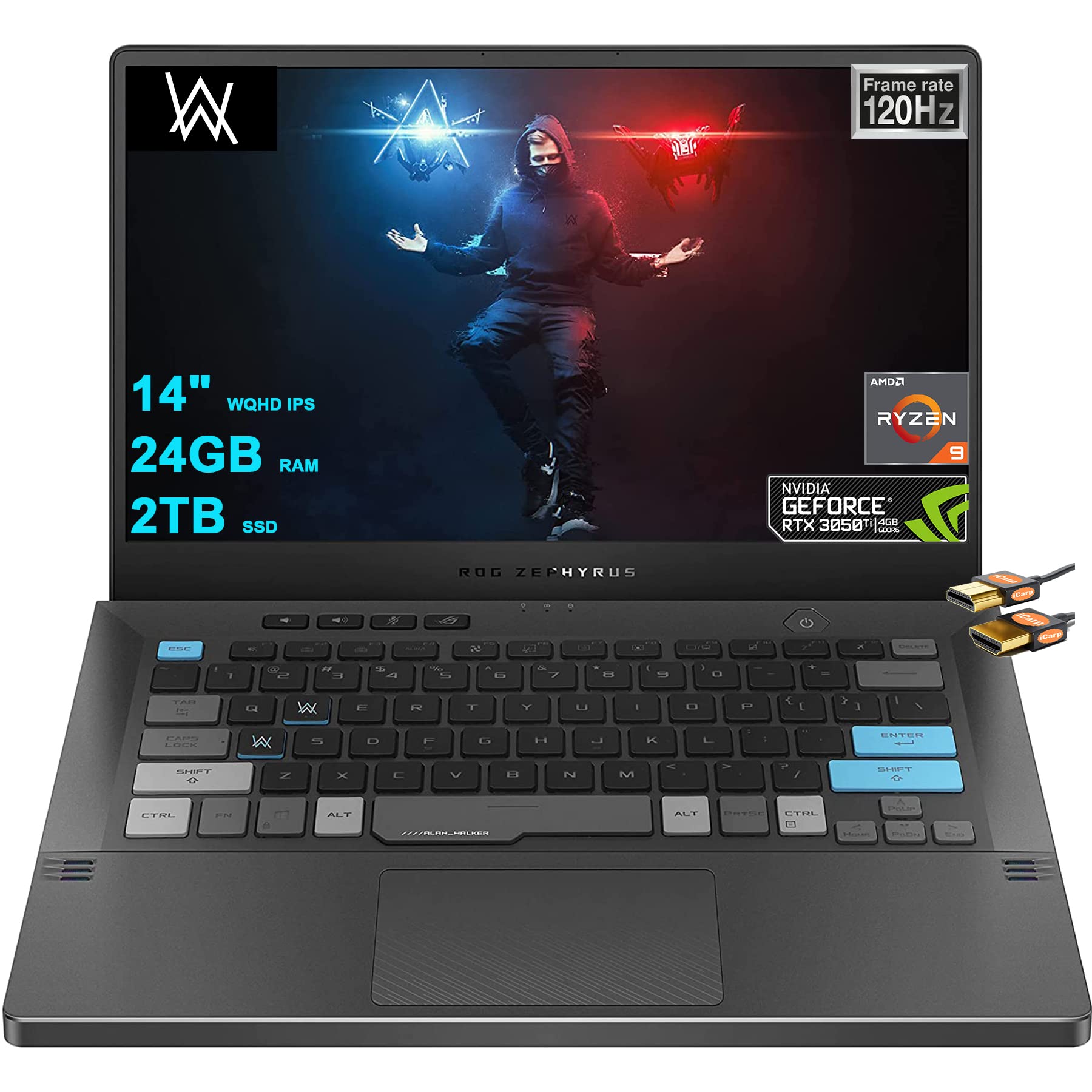 ASUS ROG Zephyrus G14 Alan Walker Special Edition Gaming Laptop 14" WQHD 120Hz IPS AMD 8-Core Ryzen 9 5900HS (Beat i7-10370H) 24GB RAM 2TB SSD GeForce RTX 3050 Ti 4GB Backlit USB-C Win10 + HDMI Cable