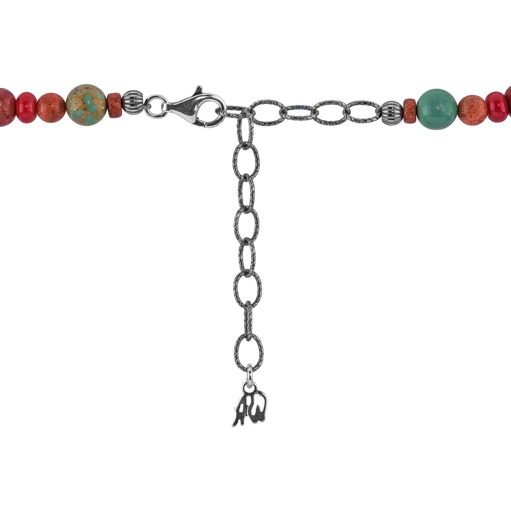 American West Sterling Silver Women’s Cluster Pendant Necklace Green Turquoise, Orange and Red Spiny Gemstone Beaded 17 Inch