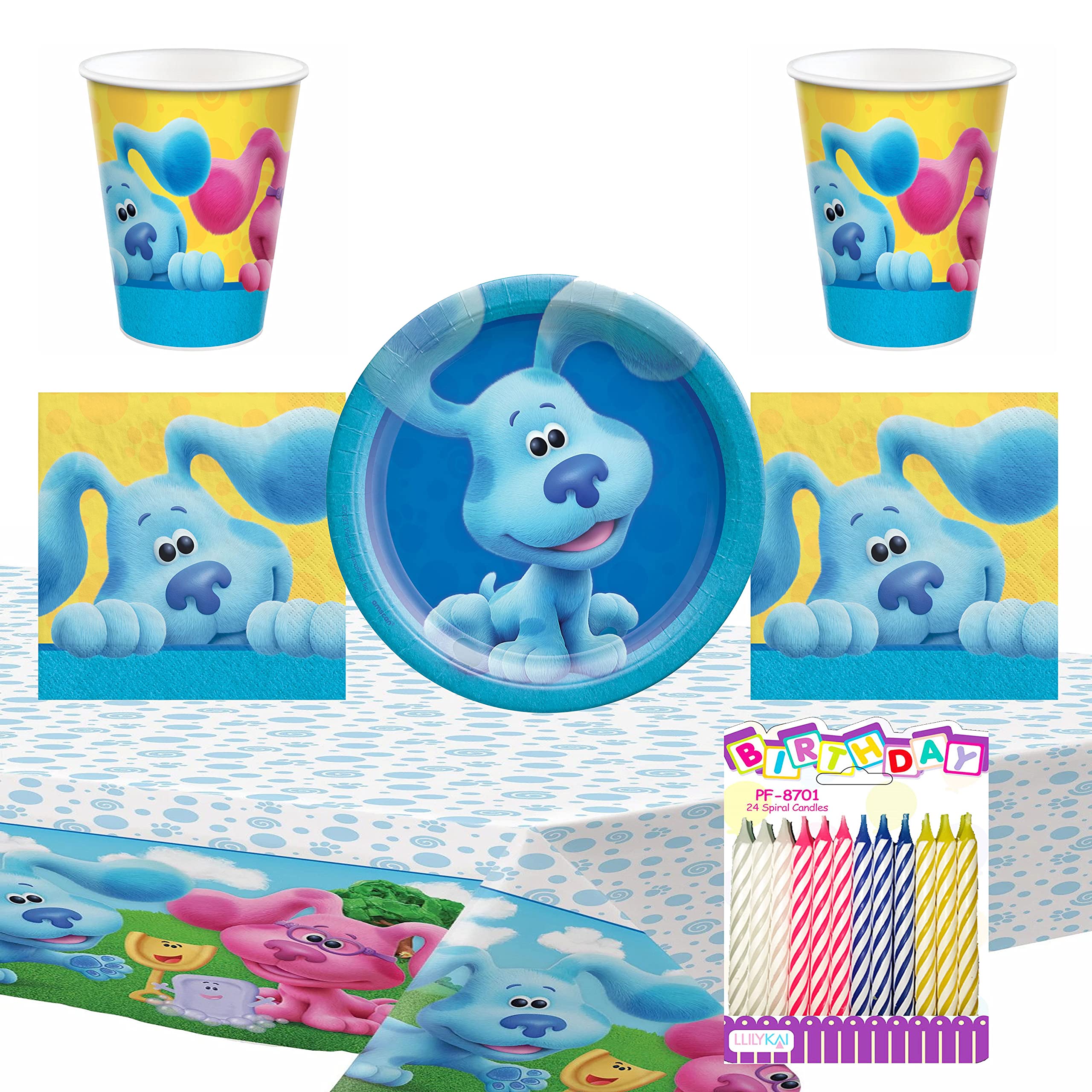 Amscan Blues Clues-Blue Party Supplies Pack Serves 16: 7" Plates Beverage Napkins Cups and Table Cover with Birthday Candles (Bundle for 16)