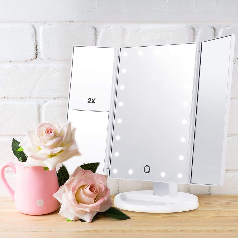 AMMIY Vanity Makeup Mirror with Lights, 1x/2x/3x/10x Vanity Mirror with 21 LED Lights, Touch Screen Switch Tri-Fold Design 180° Rotation LED Makeup Mirror, Dual Power Supply LED Mirror Makeup