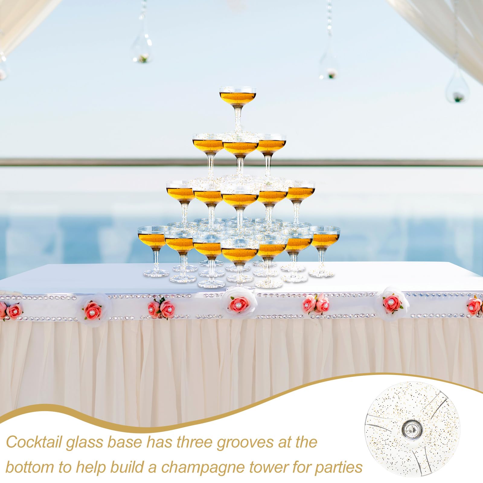 Zopeal 30 Pcs Champagne Coupe Glasses 5 oz Plastic Champagne Tower Disposable Martini Glasses Stackable Stemmed Champagne Coupe for Wedding Birthday Party Bar(Gold Glitter)