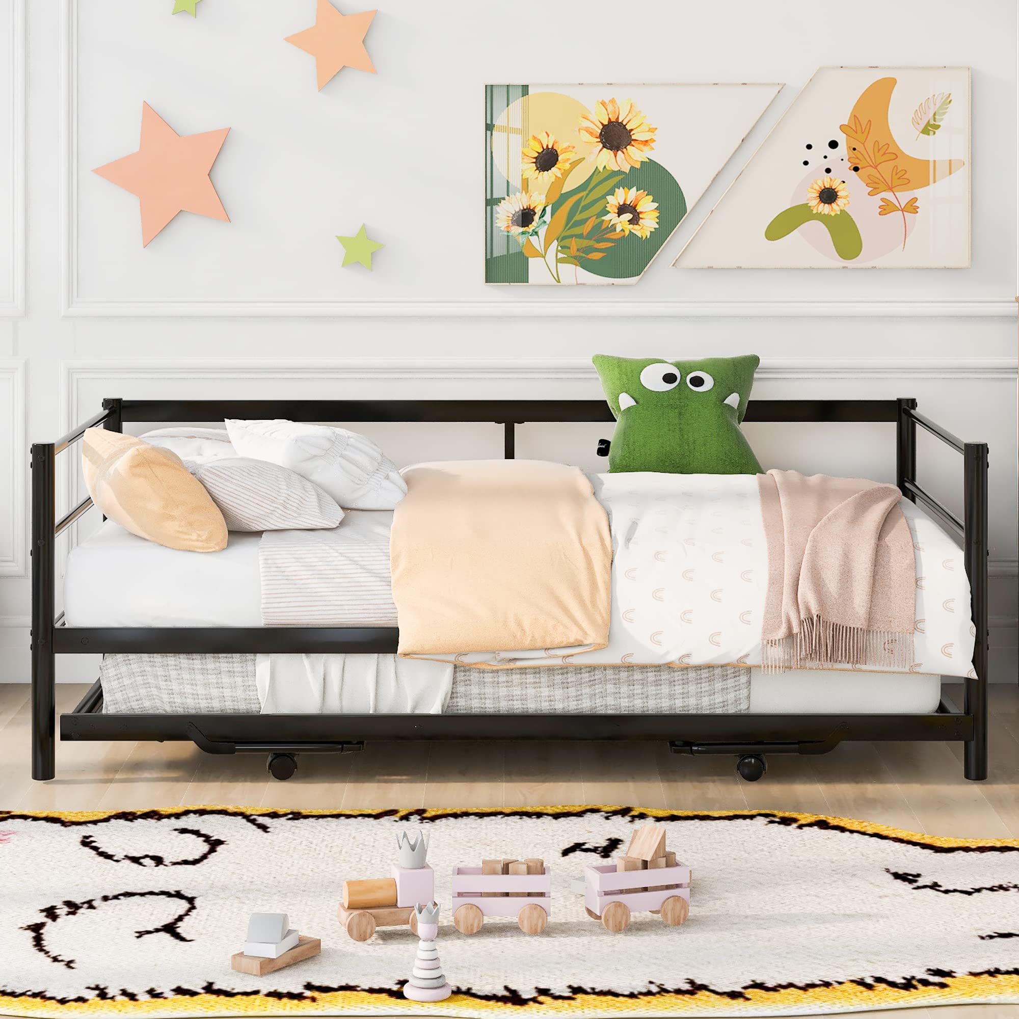 Bellemave Twin Size Metal Daybed with Adjustable Trundle, Heavy-Duty Steel Daybed with Pop Up Trundle, Black