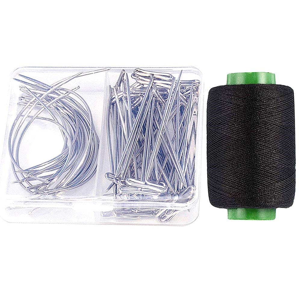 ATRAENTE T Pins Needle and Thread,50 Pieces Wig Pins T Pins for Wigs,20 Pieces C Curved Needle,Needle and Thread for Weave with 1 Roll Thread for Wig Marking