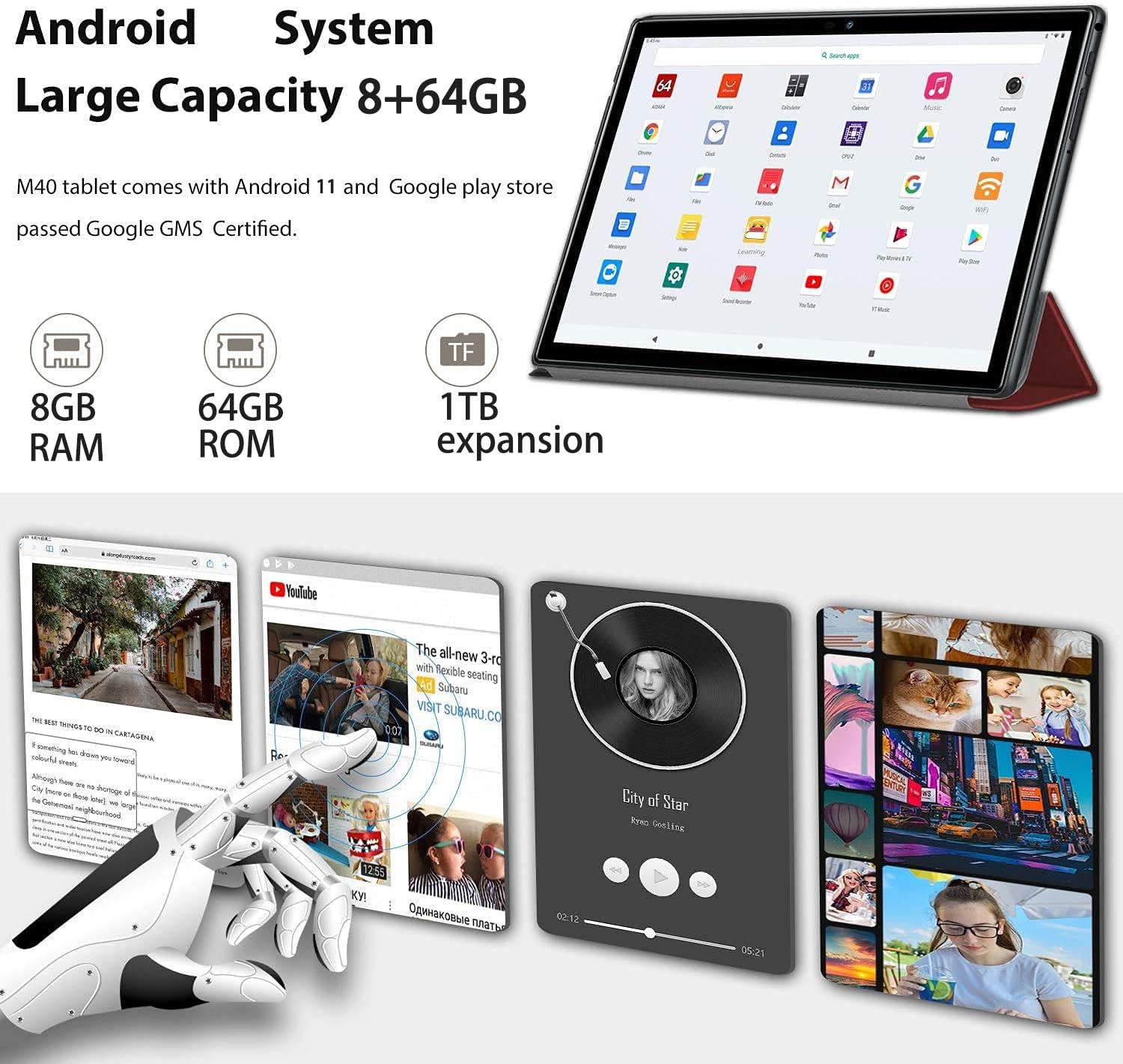 AOYODKG Tablet 2 in 1, 10.1 inch Android 11 Tablet with Keyboard, Case Mouse, 4GB RAM+64GB ROM(256GB Expand), Quad-Core Processor, 1280x800 IPS HD Display, Games, Wi-Fi, Bluetooth, AYO-A10 (Gold)