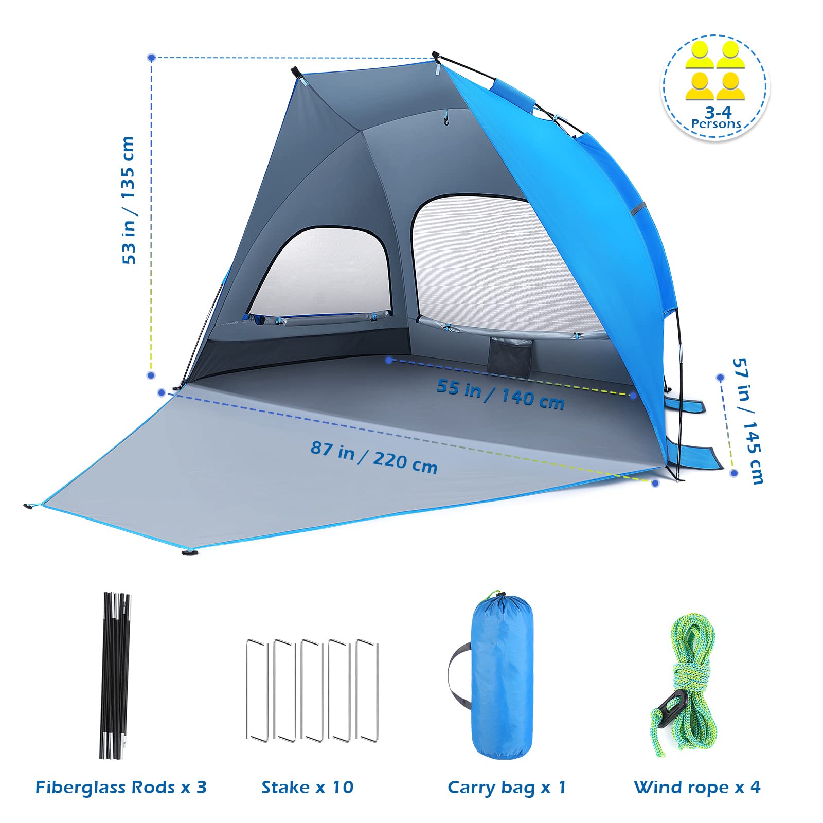Beach Tent Sun Shade Shelter: 3-4 Person Large Anti-UV Windproof Portable Lightweight Tent Canopy Cabana with Extendable Floor Outdoor