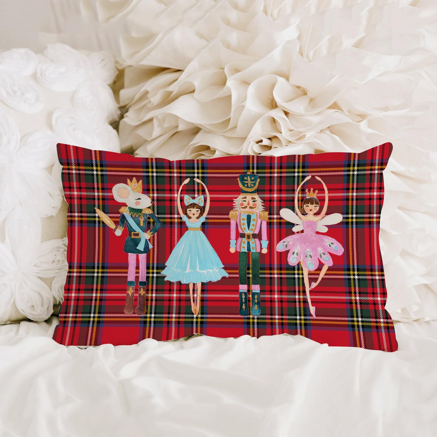 AOFANGGO Christmas Pillow Cover 12x20 inch Red Green Plaids Check Nutcracker Throw Pillow Winter Holiday Decorations Farmhouse Rustic Cushion Cover for Bed Chair Sofa Couch