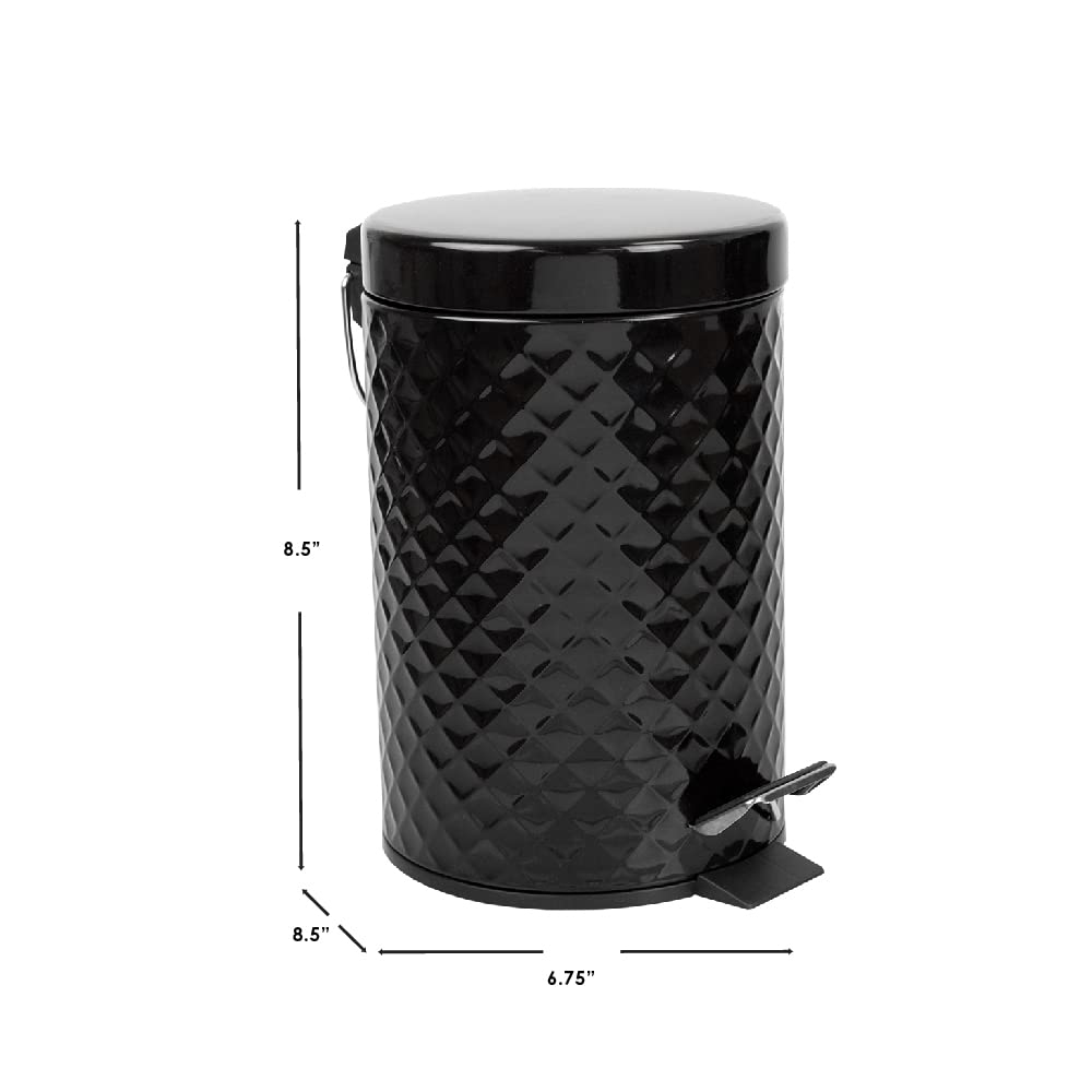 Home Basics 3 Liter Pedal Activated Textured Small Steel Waste Bin, Black Soft Lid Closure, Removable Plastic Liner, and Portable Carrying Handle, (2PACK)