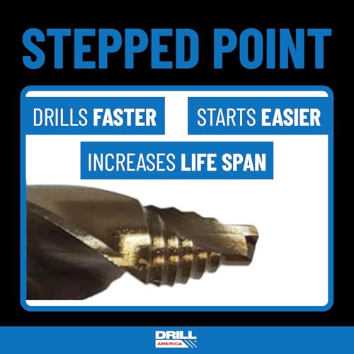 Drill America 29 Piece Cobalt Stepped Point Drill Bit Set in Round Case w/Gold Oxide Finish for Drilling Acrylic, Steel, Hard Metals, Sizes 1/16" to 1/2" x 64ths, GSC Series ZMGSC29J-PC
