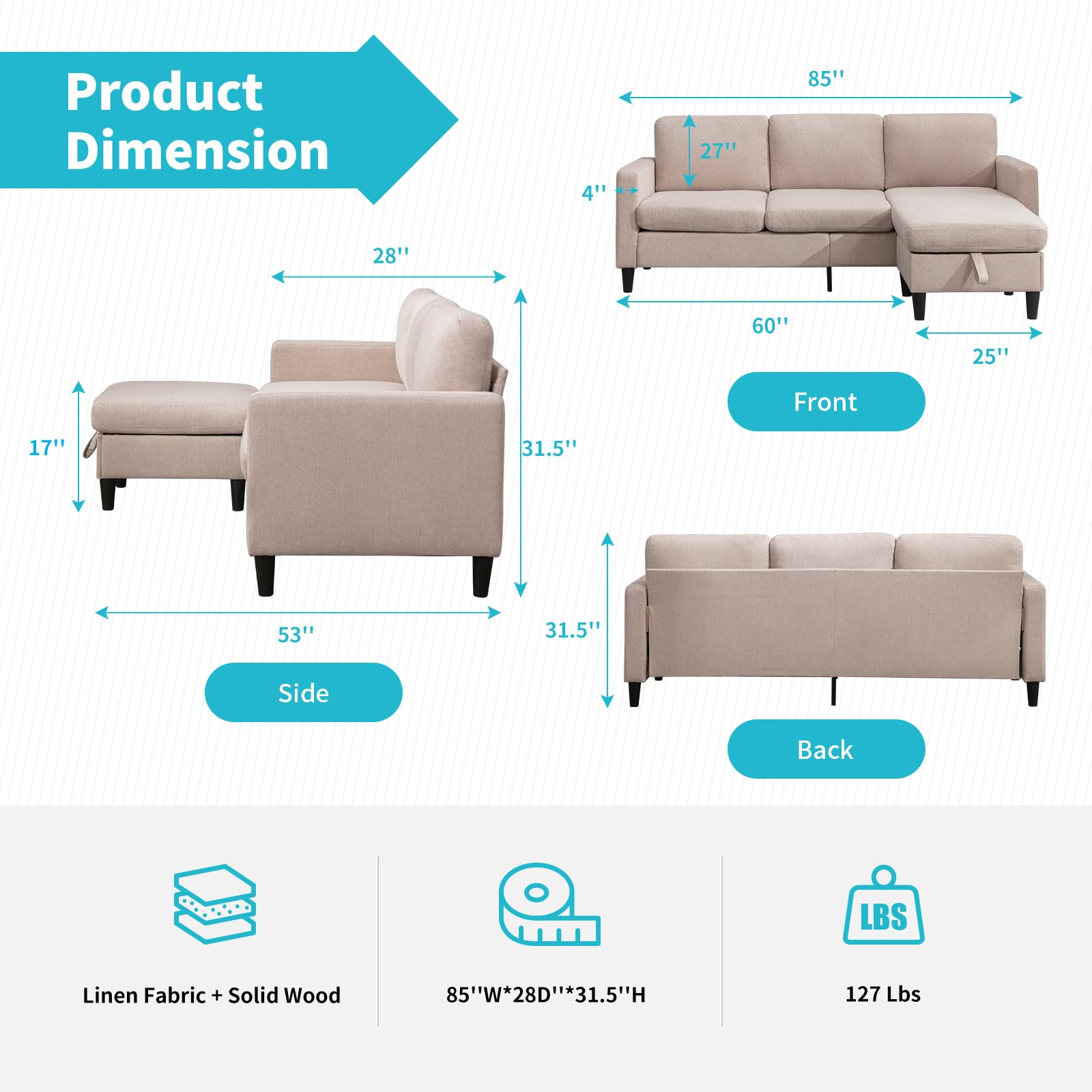 PUREMIND 85'' W Small Sectional Sofa Couch, L Shaped Sectional Sofa, Convertible Sectional Couch with Reversible Chaise, Linen 3-Seat Couches with Thick Cushion for Living Room (Light Grey)
