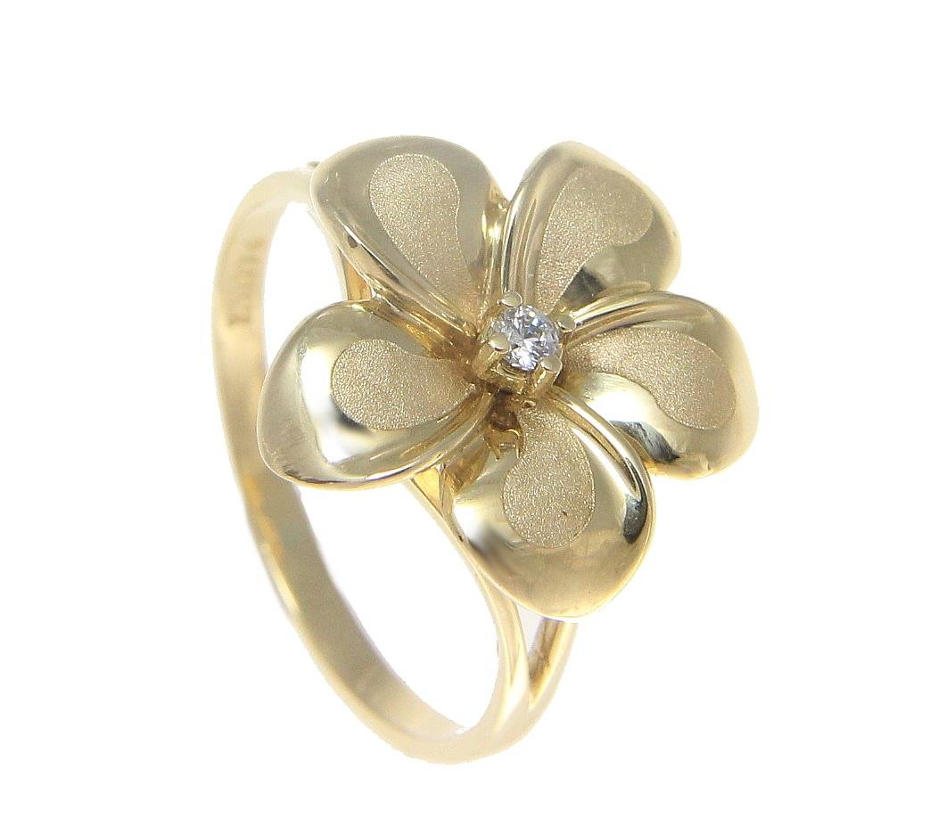 Arthur's Jewelry 14K solid yellow gold 15mm Hawaiian single plumeria flower cz ring