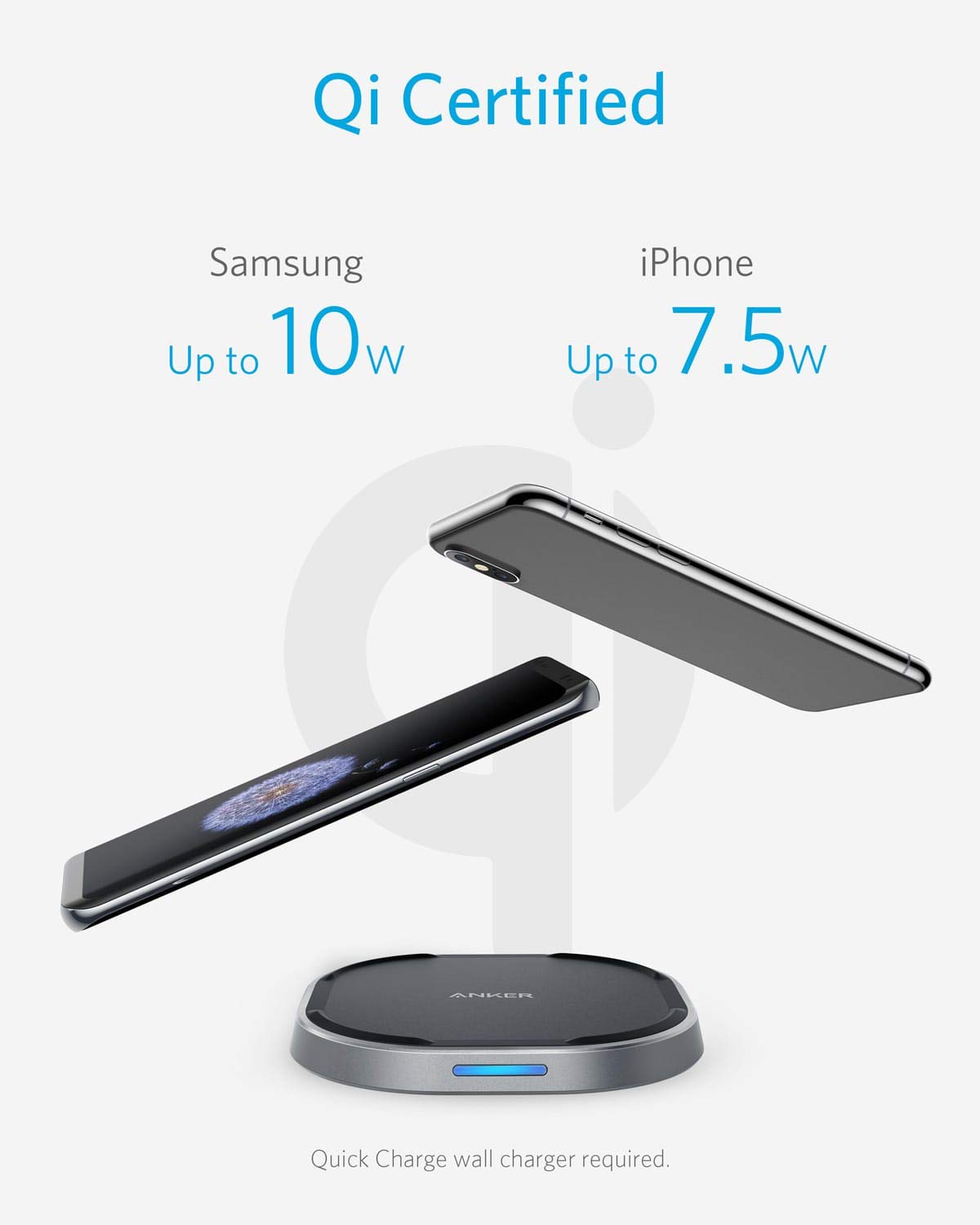 Anker Wireless Charger with USB-C, 15W Metal Fast Wireless Charging Pad, Qi-Certified, 7.5W Fast Charge iPhone XS/XS Max/XR/X/8/8 Plus, 10W for Galaxy S9/S9+/S8/Note 9, PowerWave 15 Pad(No AC Adapter)
