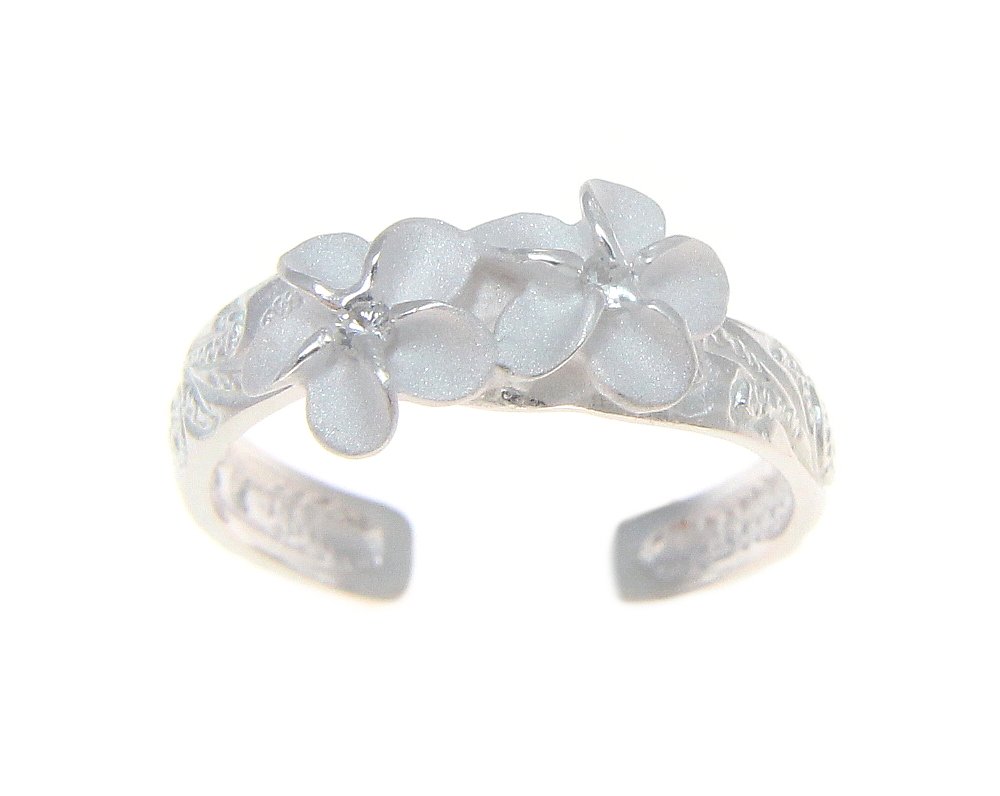 Arthur's Jewelry 925 sterling silver Hawaiian 2 plumeria flower scroll white cz toe ring