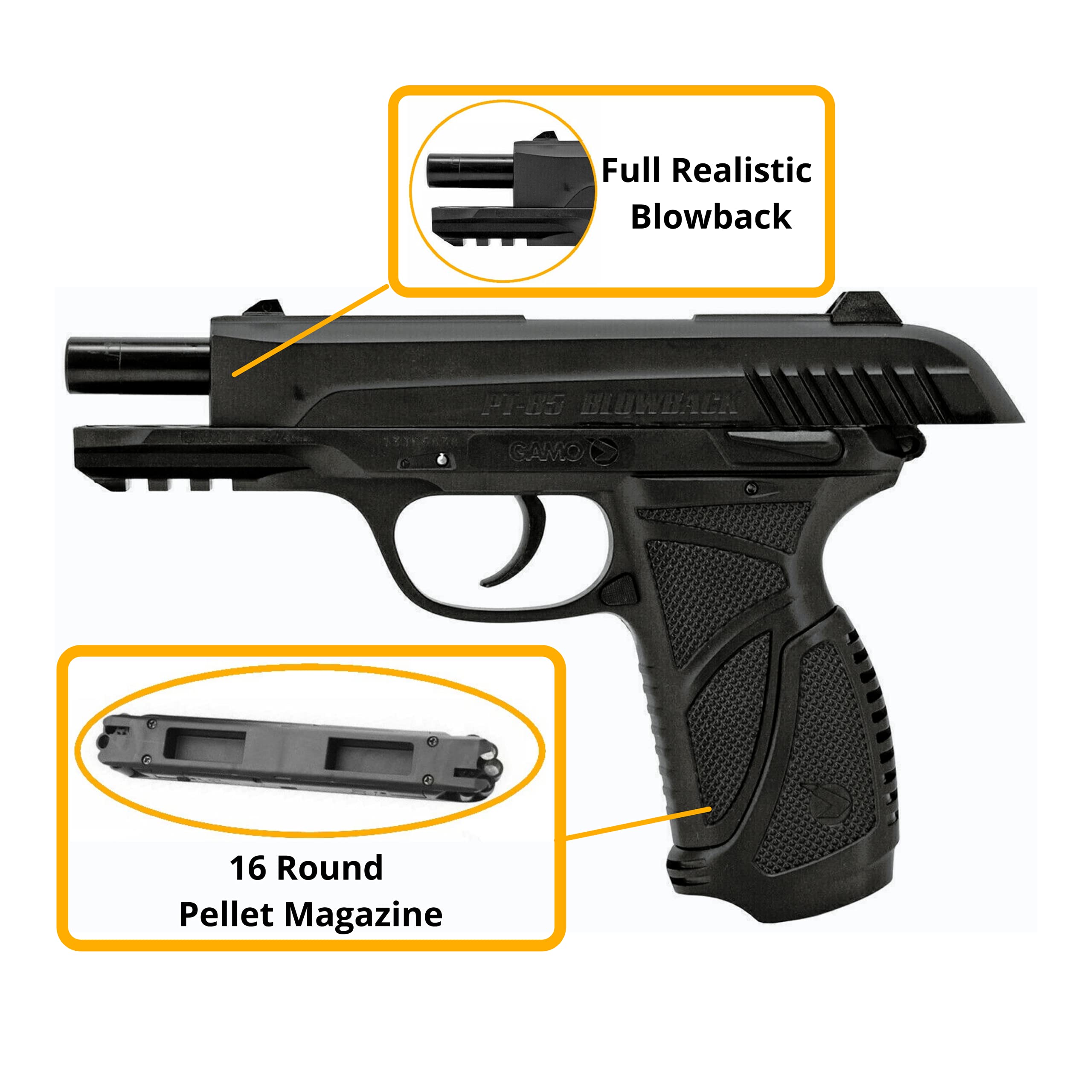 ArmyBoy Gamo PT-85 Blowback - Powerful CO2-Powered .177 Cal Pellet Air Pistol - 450 FPS | Bundle