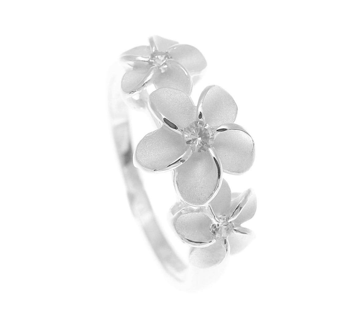 Arthur's Jewelry Sterling silver 925 3 Hawaiian plumeria flower ring clear cz size 8