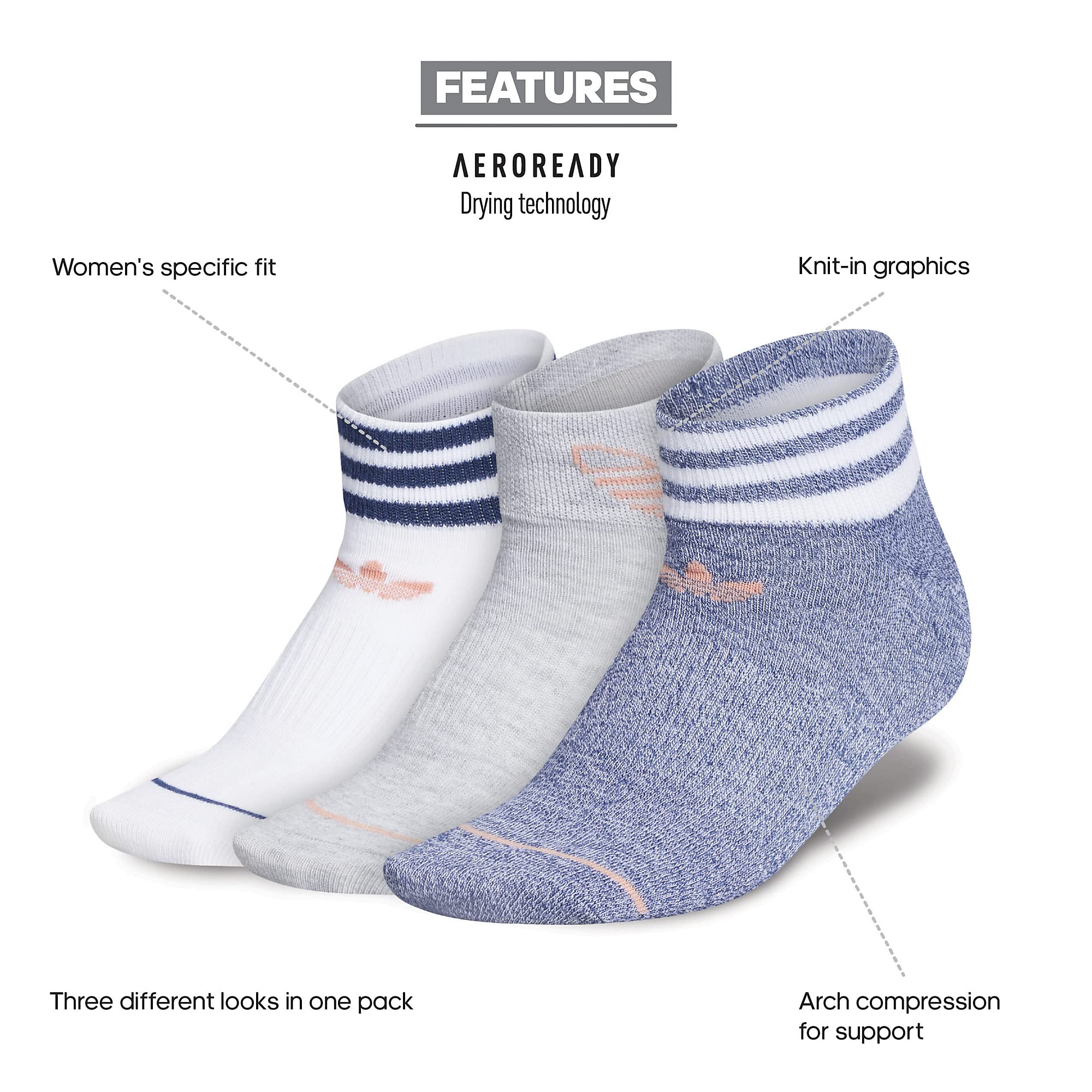 adidas Originals Women's Originals 3-Stripes 3-Pack Quarter, Collegiate Navy/Cool Light Heather/Trace Pink, Medium