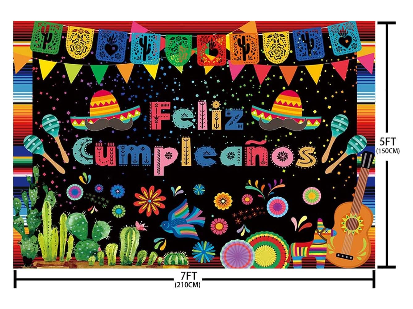AIBIIN 7x5ft Feliz Cumpleaños Backdrop Mexican Fiesta Happy Birthday Party Decorations Cinco De Mayo Festival Birthday Banner Photo Studio Props