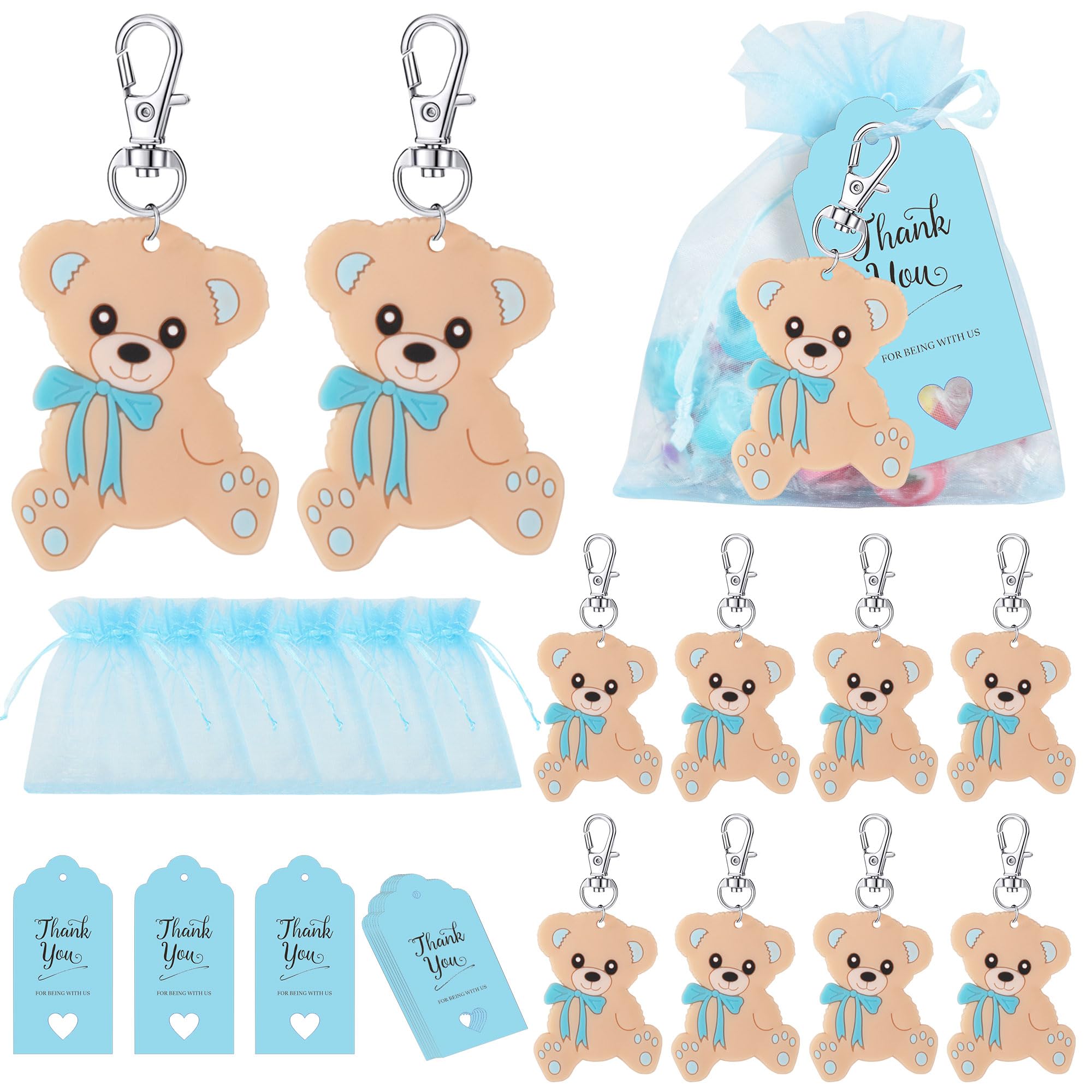 Baby Shower Favors, 40 Sets Guest Return Gifts Include Animal Keychain, Organza Bags and Thank You Tags for Party Favors Baby Shower Prizes Boys Girls Birthday Party (BEAR-B)