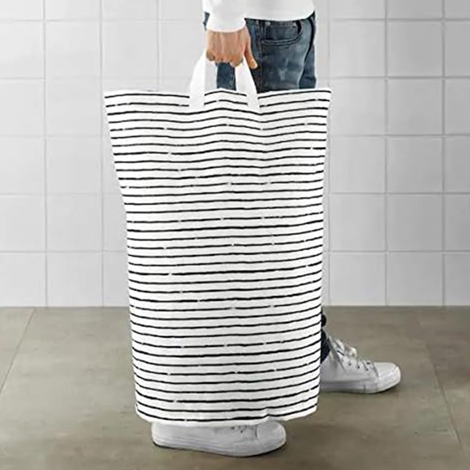 Haundry Thickened Tall Laundry Basket with Handle, Large Collapsible Round Laundry Hamper Bin Laundry Bag for Clothes Storage (Grey Stripe)