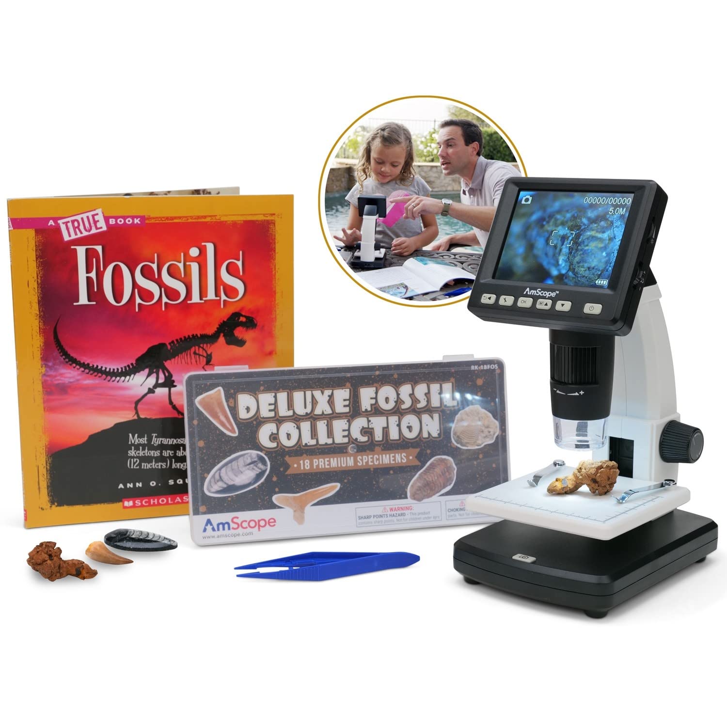 AmScope - DM130-16GB-18FOS-FSL-TW IQCREW by Amscope Kid's Premium Portable LCD Color Digital Microscope with Look and Learn Fossil Collecting Activity Kit