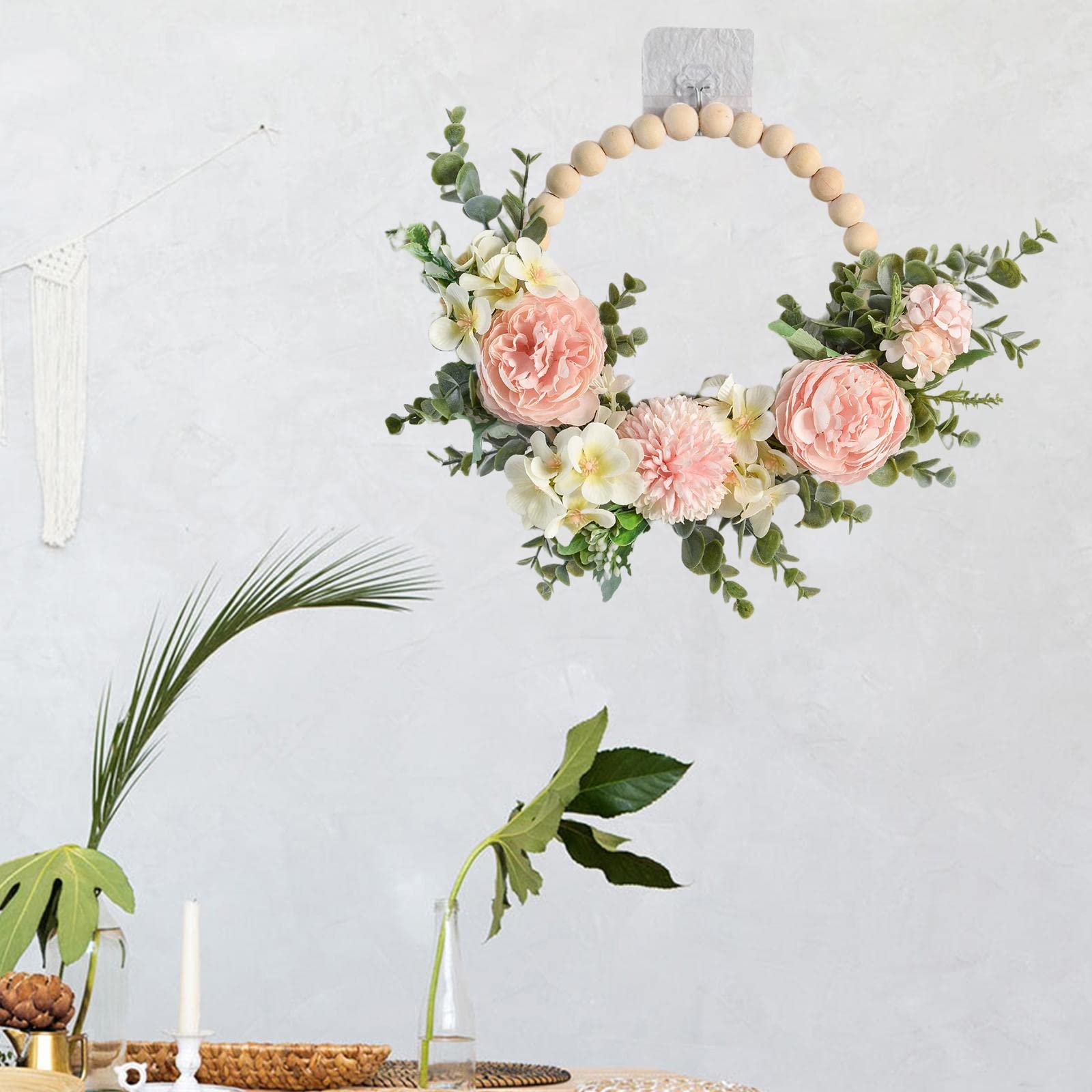Artificial Wreath Faux Floral Wreath Spring Wreath Wooden Bead Round