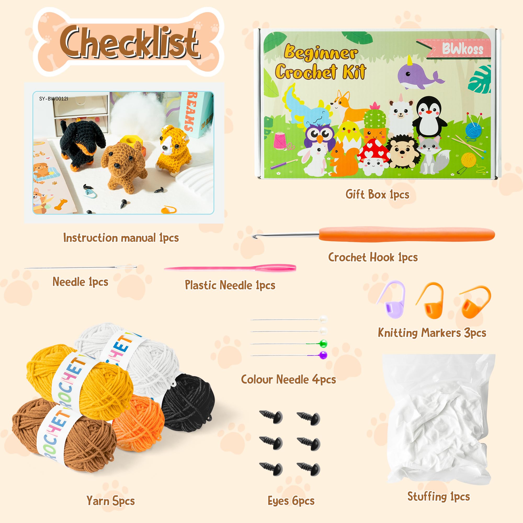 BWkoss Crochet Kit for Beginners, Cute Animal Dog Crochet Starter Kit Dachshund Golden Retriever Welsh Corgi DIY Yarn Knitting Craft Supplies with Step-by-Step Video Tutorials for Knitting Enthusiast