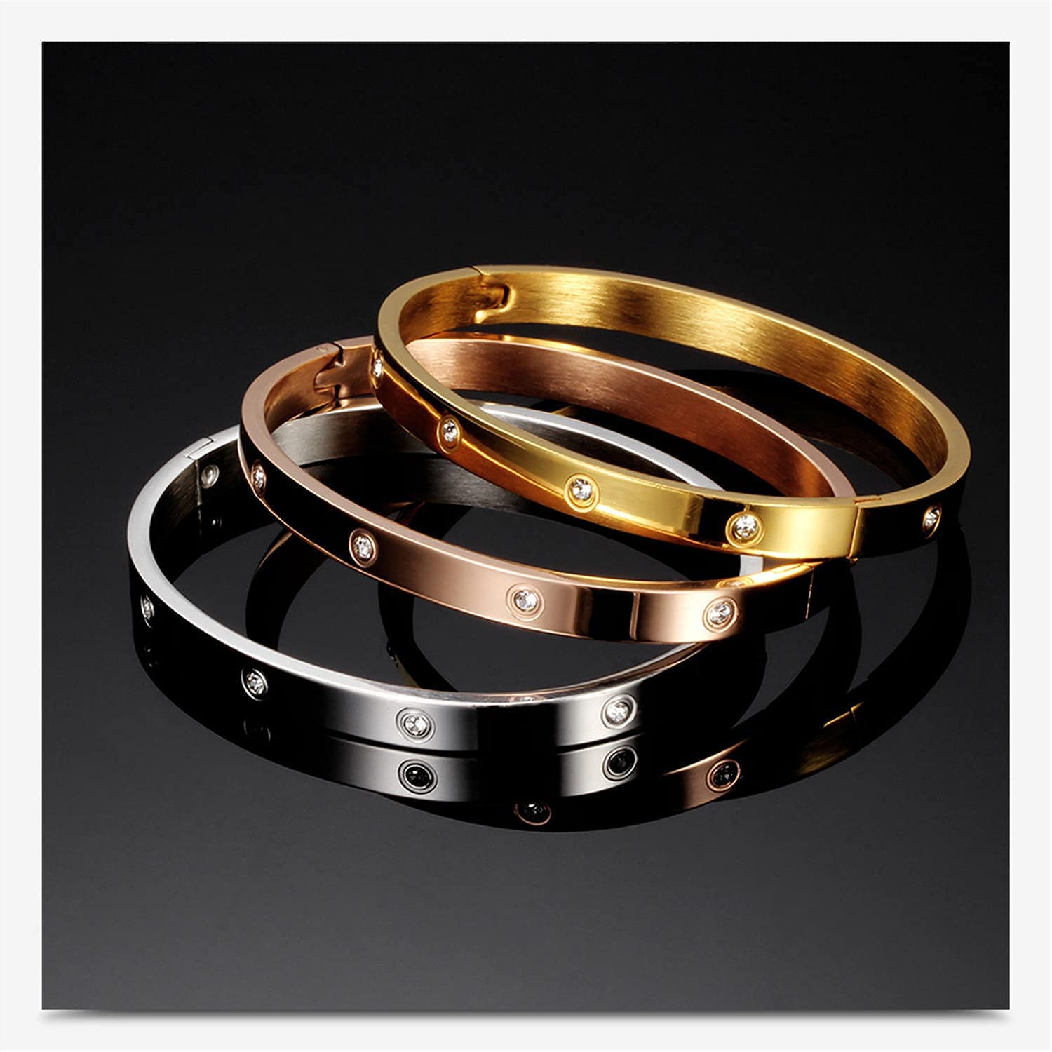 Five Rock Style" Elegant Bracelet Bangles Gift Box, 1 Silver, 1 Gold, 1 Rose Gold, Friendship Jewelry, Stainless Steel Hinged Love Bracelets with Select Cubic Zirconias (17cm)