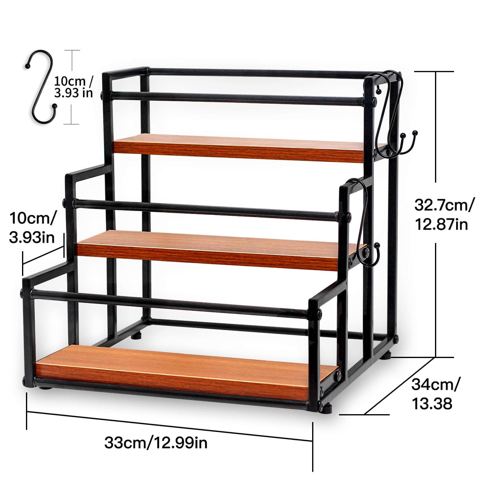 AIEWEV Coffee Syrup Rack Organizer with 3-Tier 12 Bottle Storage - Coffee Bar Holder Shelves with 3 Hooks - Liquor Cabinet Stand for Kitchen Coffee Station on Countertop