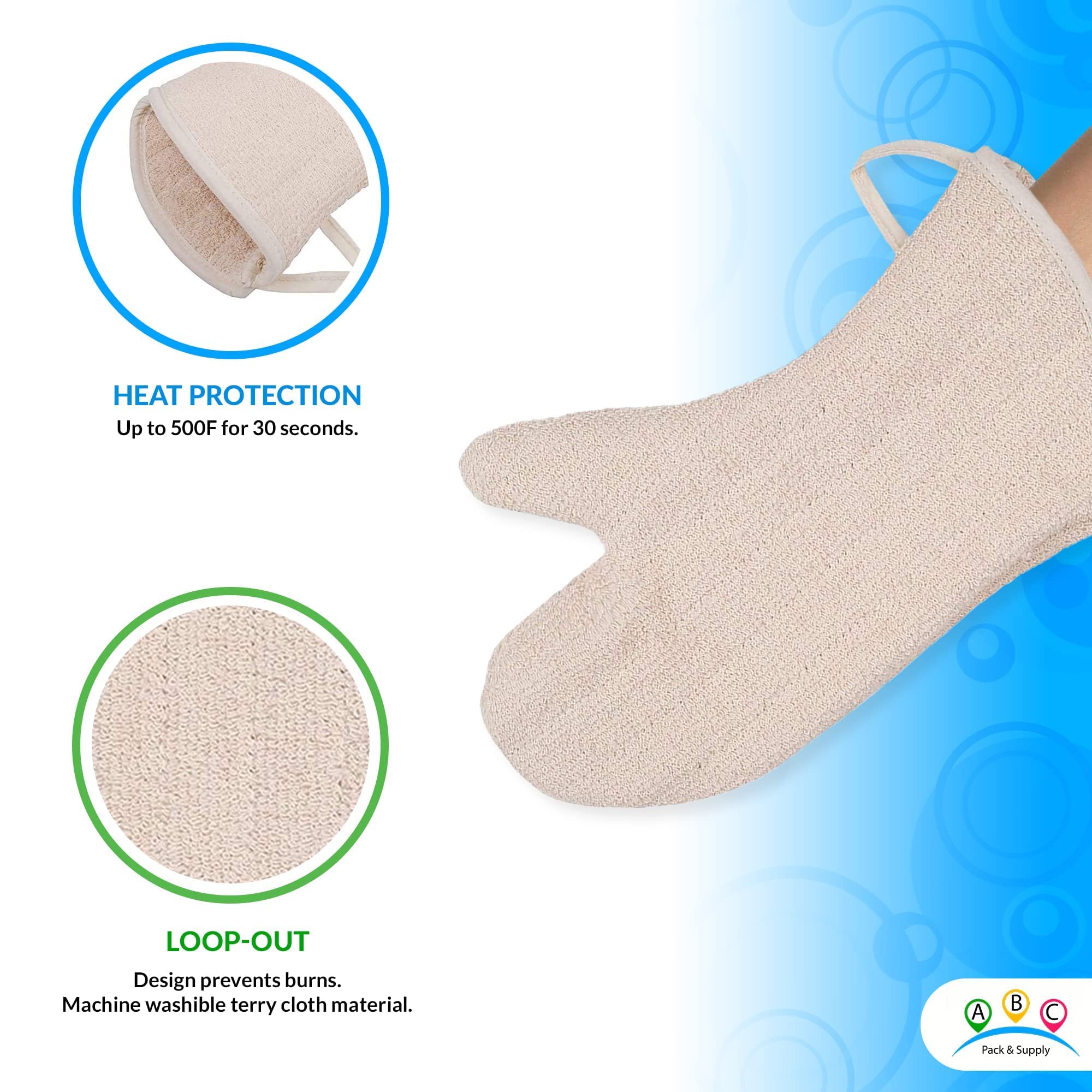 ABC Terry Cloth Oven Mitt 33 Cm. 3 Pairs of Beige Kitchen Oven Mitts Heat Resistant with 260 C Heat Resistance. Cut Resistant Cotton Oven Mittens for Kitchen with Top Loop. Washable Oven Gloves