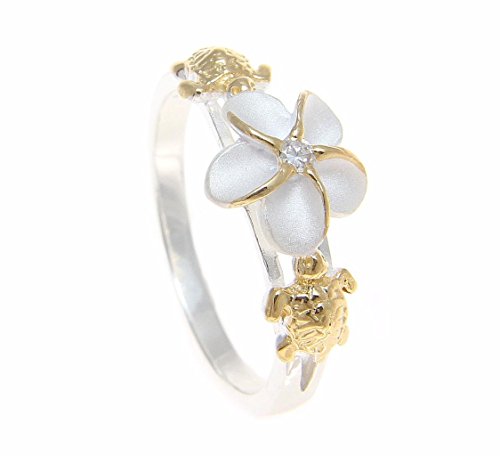 Arthur's Jewelry Sterling silver 925 Hawaiian plumeria flower cz turtle ring 2 tone yellow gold plated size 8