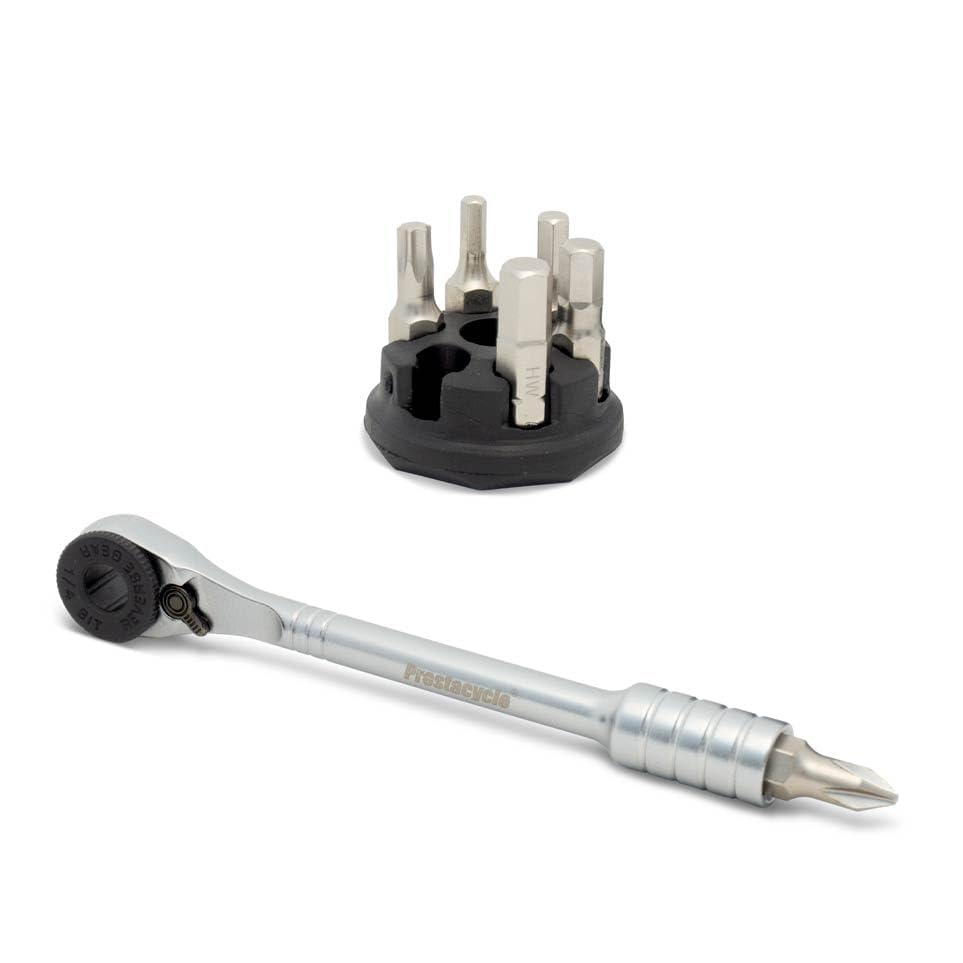 Prestacycle Prestaratchet Micro, Heavy-Duty Mini Ratchet & 1/4 Bits for Bike Repair & Maintenance, 40Nm Small Ratchet & Screwdriver with 6 Hex Bit Set, with Round Bit Holder & Tool Stand