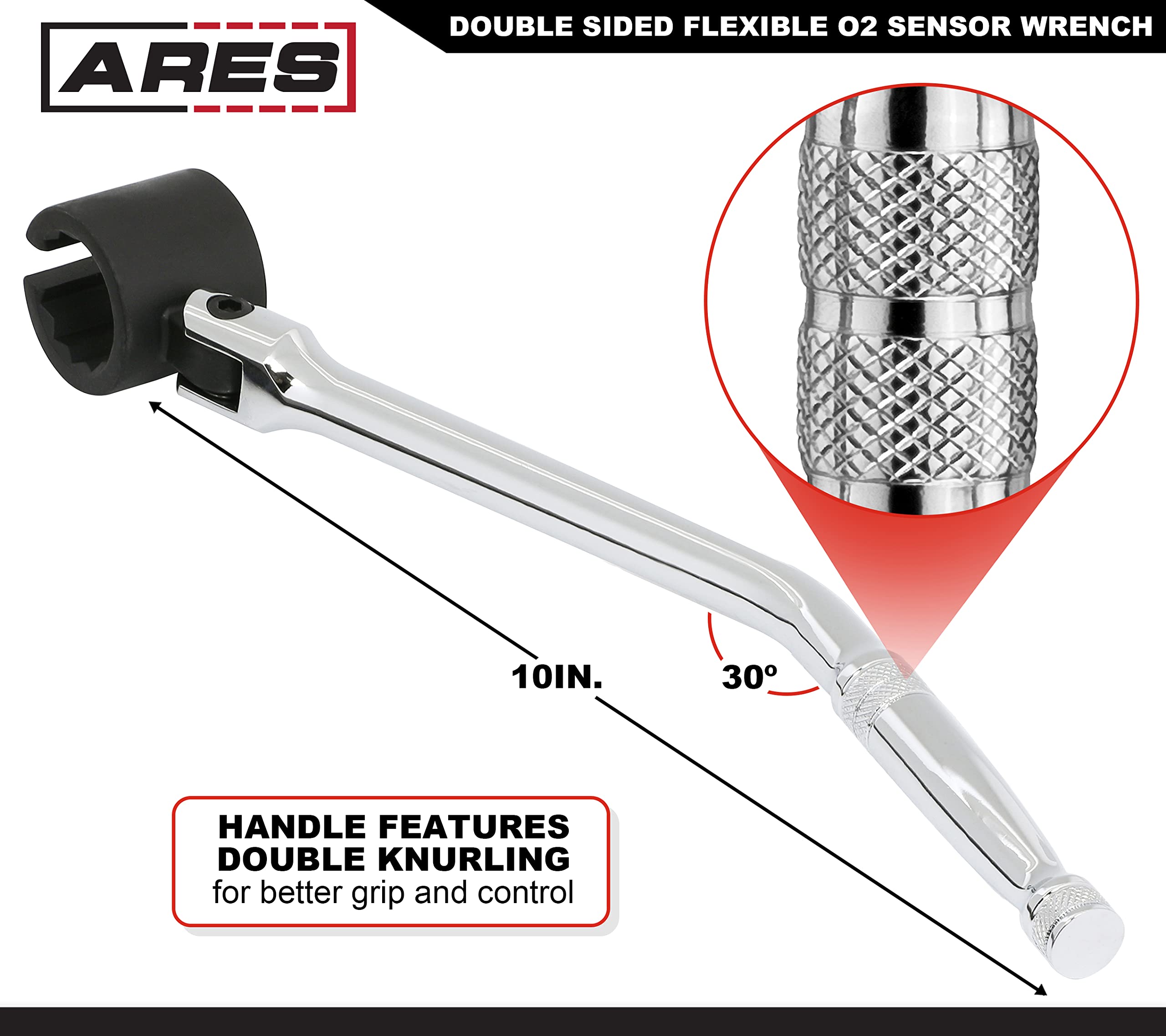 ARES 14021 – Double Sided Flexible O2 Sensor Wrench – Flex Head Design for Access in Tight Spaces – 6 Point and 12 Point Socket Head Configurations - Remove and Install 7/8” (22mm) O2 Sensors