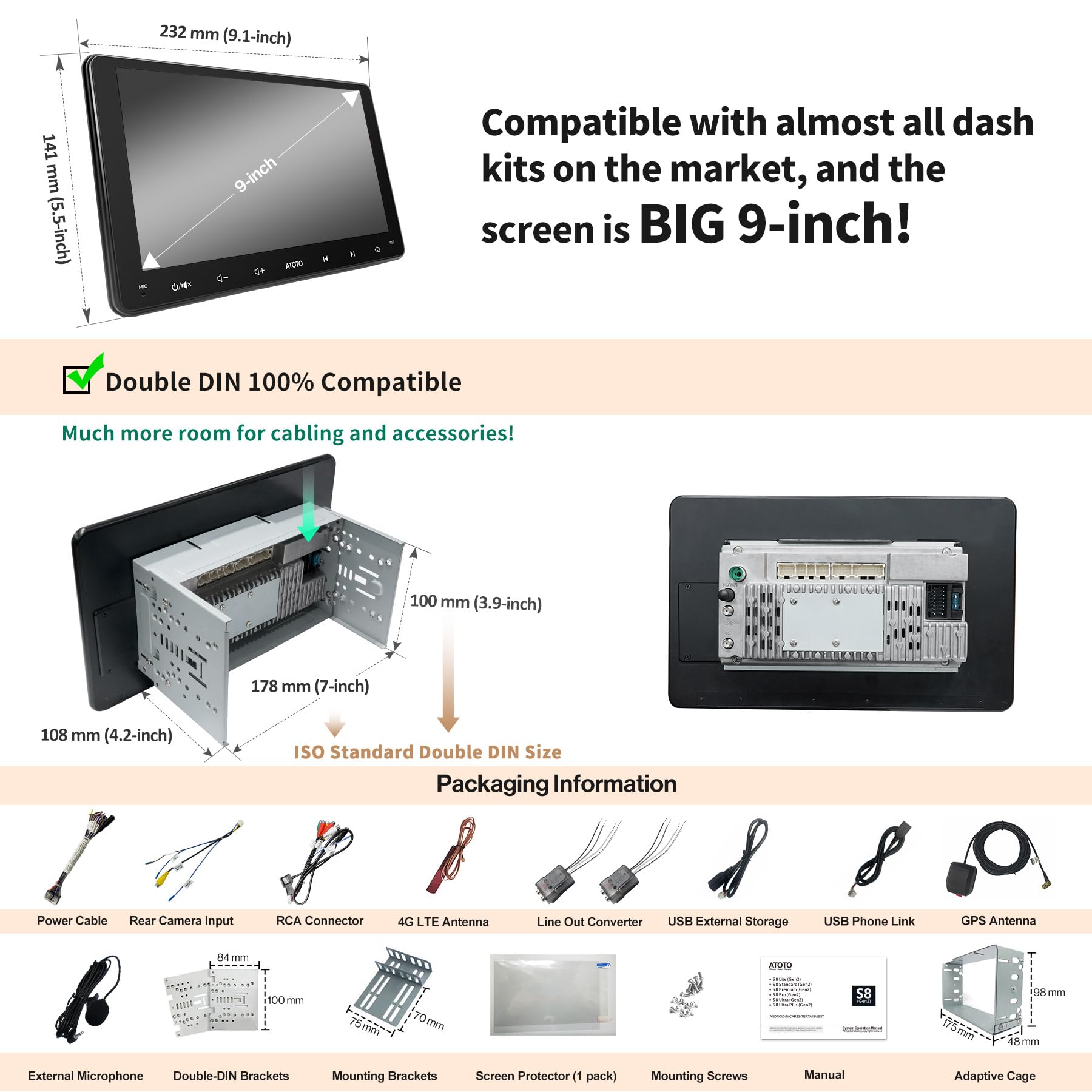 ATOTO S8 MS 9" QLED 1280 * 720 Android in Dash Navigation, Double Din Car Stereo, Wireless Android Auto & Wireless CarPlay, GPS Tracking, 4G+32G, Built-in 4G LTE, Dual Bluetooth, LRV, SCVC, S8G2094MS