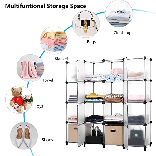 ANWBROAD Cube Storage Organizer, 16-Cube Modular DIY Book Shelf with Doors, Closet Clothes Organizer, Plastic Storage Cubbies Cabinet for Living Room Bedroom Office White ULCS16TM