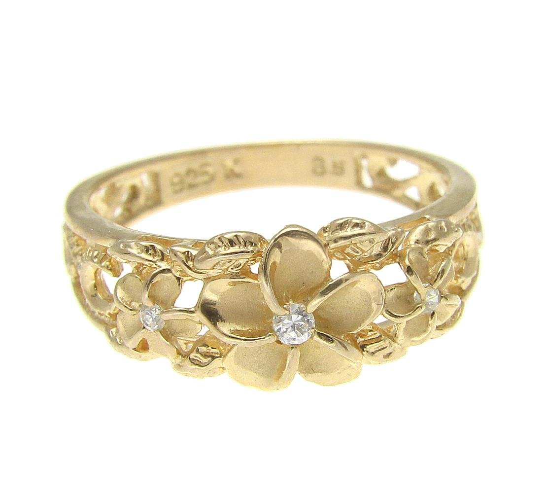 Arthur's Jewelry Yellow gold plated silver 925 Hawaiian 3 plumeria flower cz ring maile leaf cut out scroll size 8.5