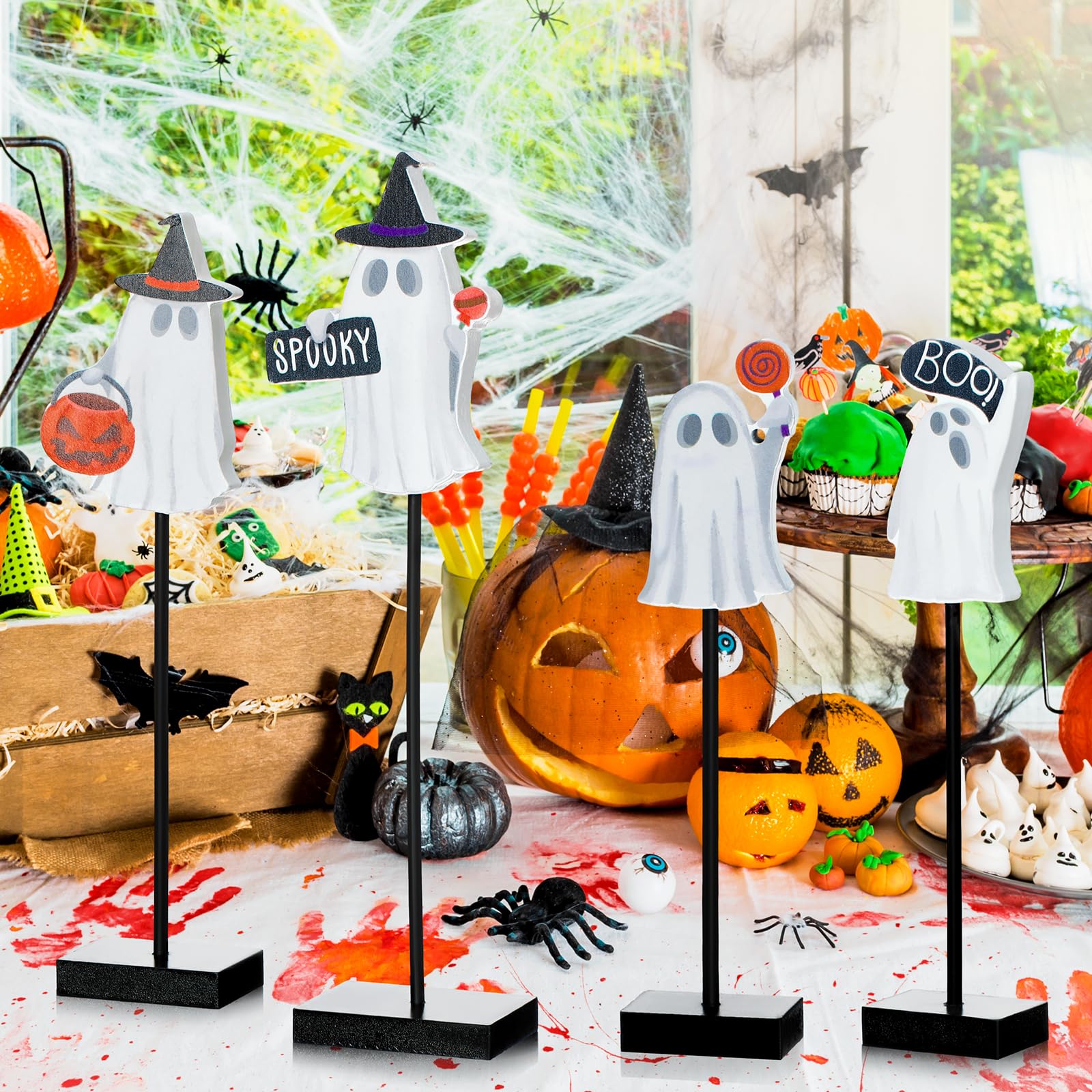 Thyle 4 Pcs Halloween Standing Table Decor Ghosts Wooden Signs Halloween Tiered Tray Decor Table Topper Sign for Halloween Party Favor Decor