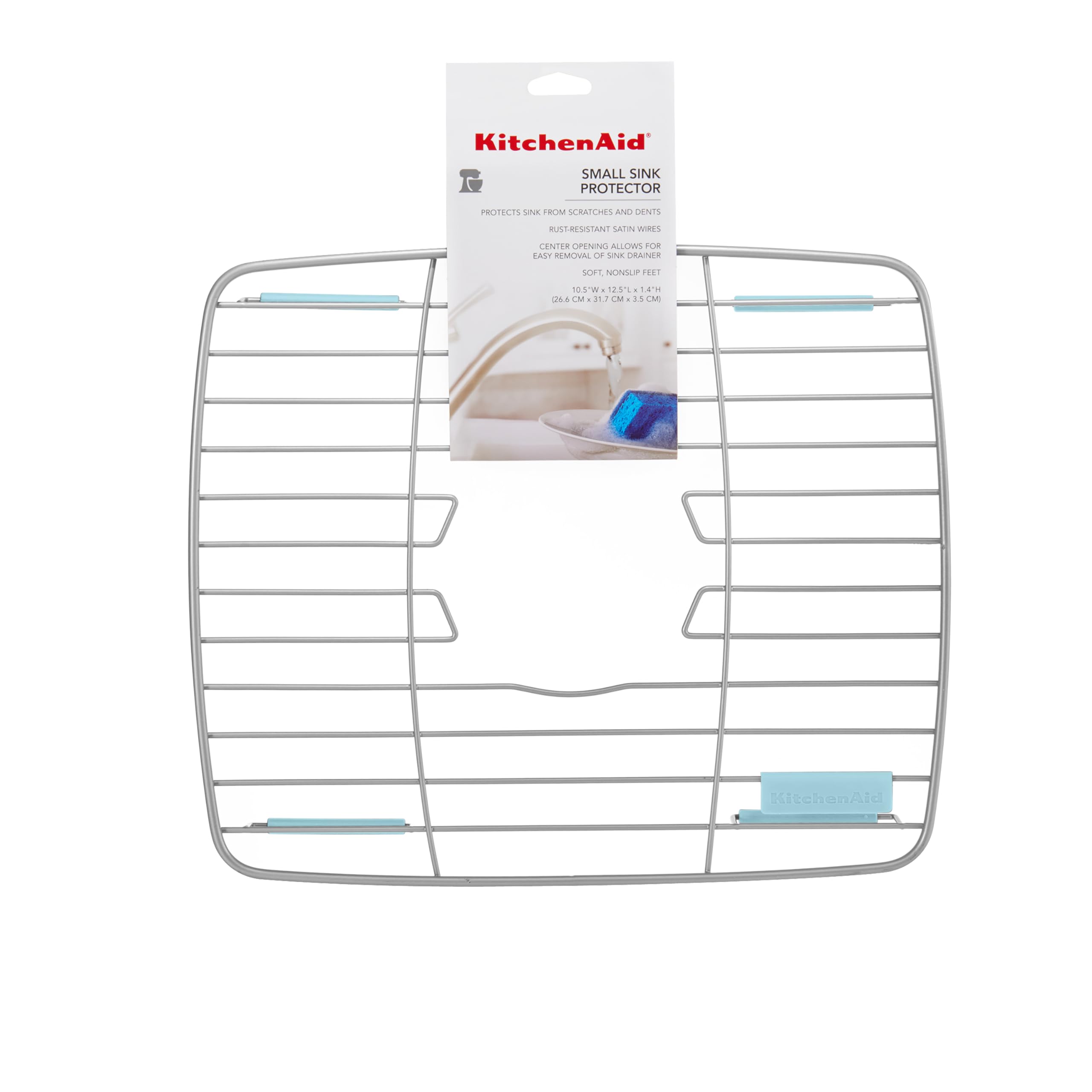 KitchenAid Rust Resistant Small Protector with Non Slip Feet and Center Opening for Sink Stopper and Quick Drying, 10.5 x 12.5 x 1.4 Inch, Mineral Water