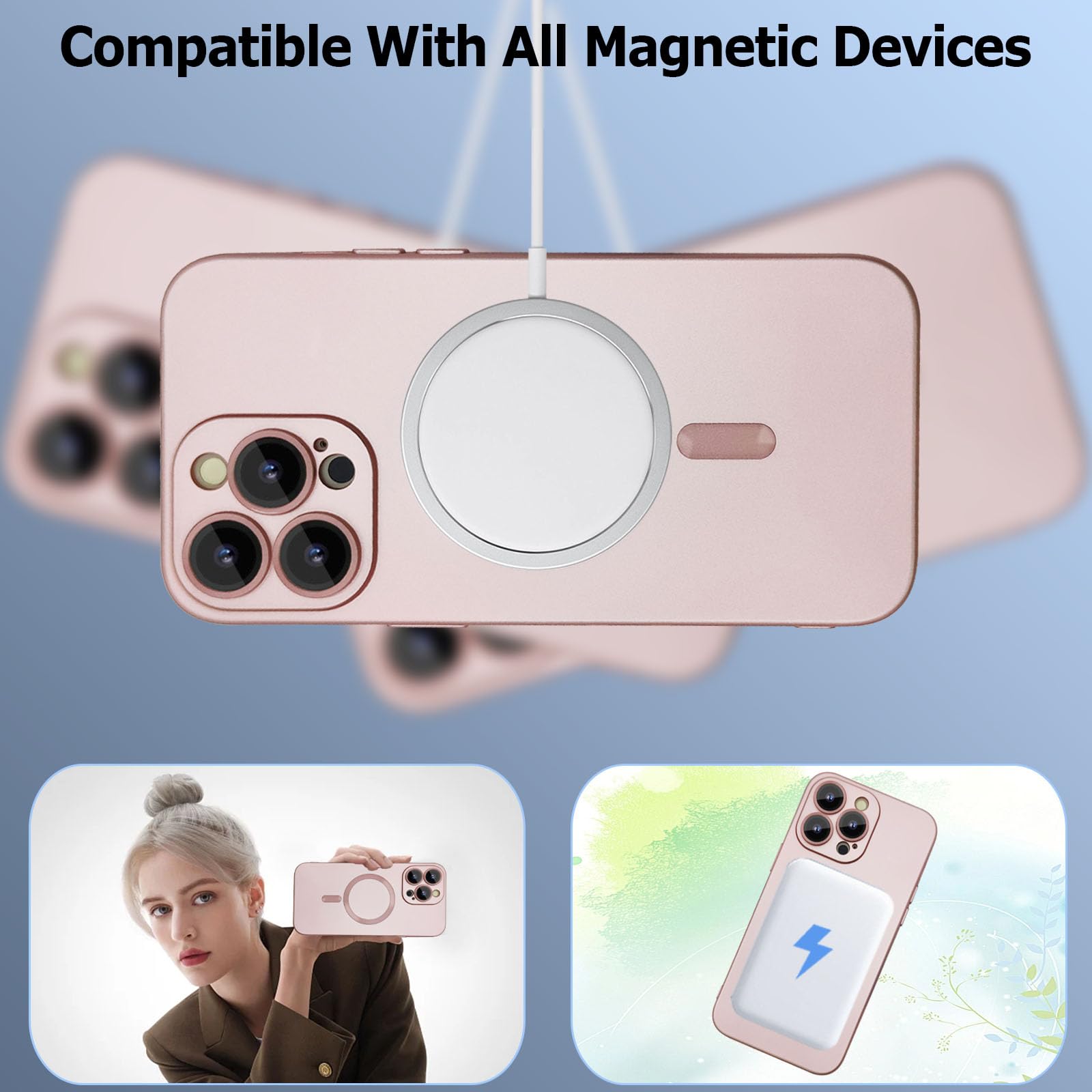 ankofave Magnetic case for iPhone 14 Pro Max Phone Case for Women, Matte Luxury Soft Metallic Luster Design with Camera Lens Protector, Compatible with Magsafe Case for iPhone 14 Pro Max 6.7"-Pink