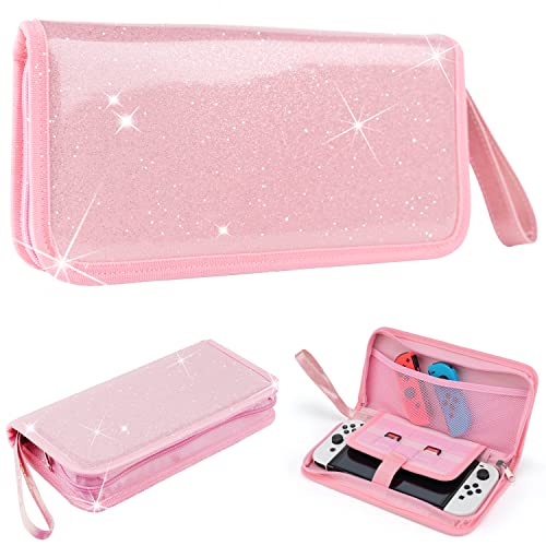 BelugaDesign Glitter Switch Case | Carrying Bag Travel Purse Zipper Clutch Handbag | Game Card Holder | Compatible with Nintendo Switch Standard Lite OLED (Pink)